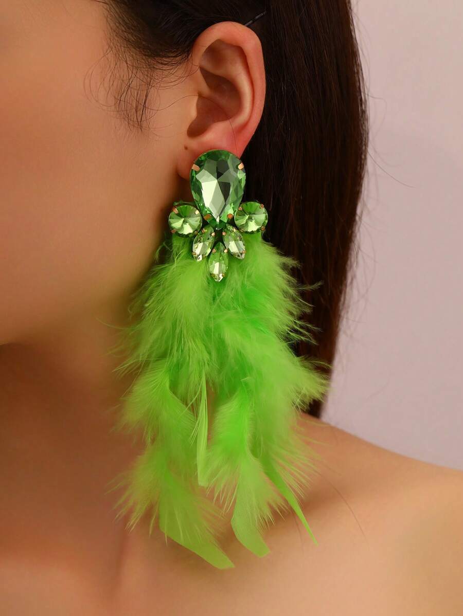 1 Pair Stylish Oversized Feather & Rhinestone Stud Earrings, Sexy ...