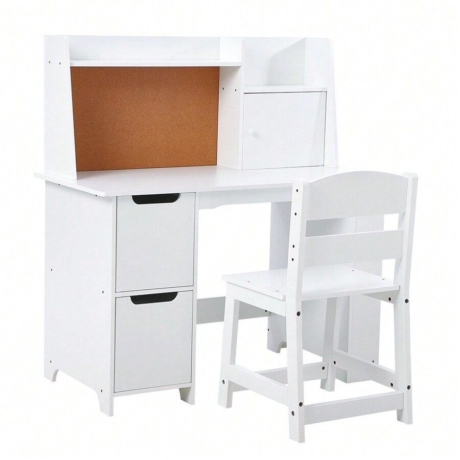 Kids Study Desk With Hutch And Chair, White, Student's Study Computer ...