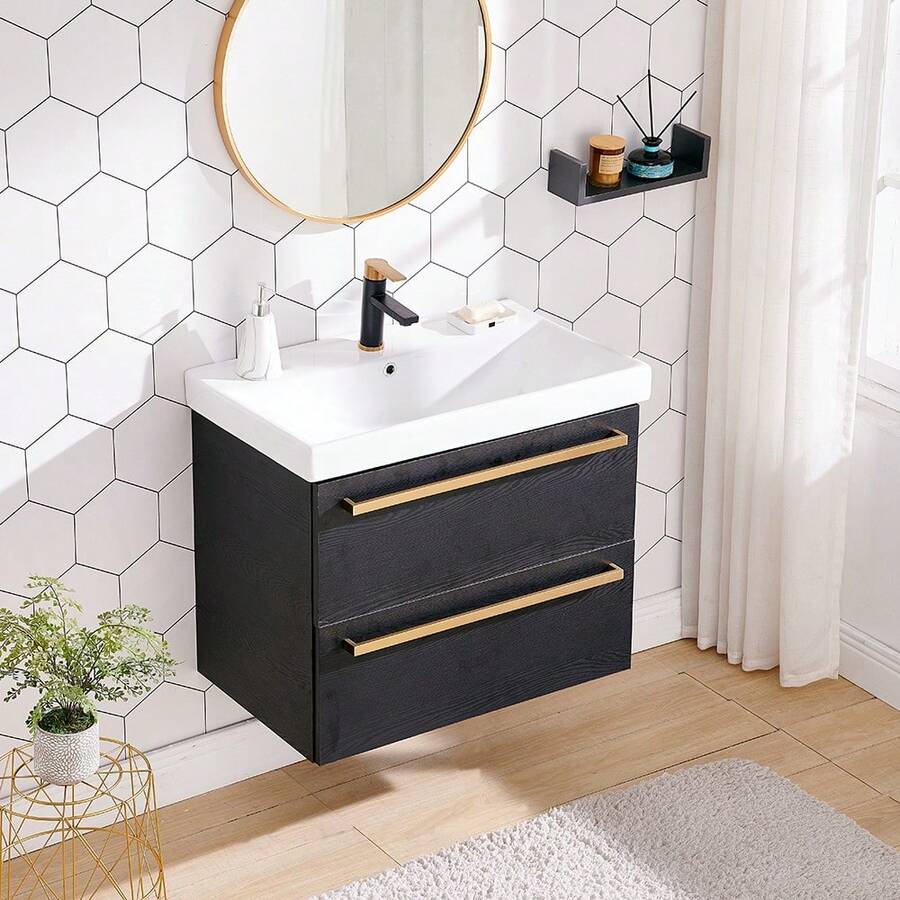 KINGO 30 Inch Black Wood Garin Wall-Mounted Bathroom Vanity And Sink Combo, Bathroom Cabinet ...