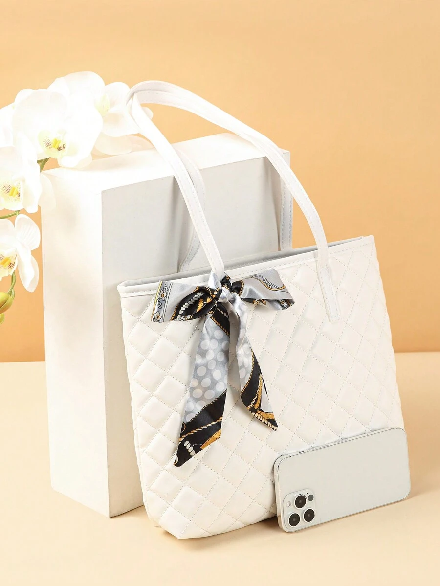 Embroidered Diamond Pattern Tote Bag With Small Size And Solid Color ...