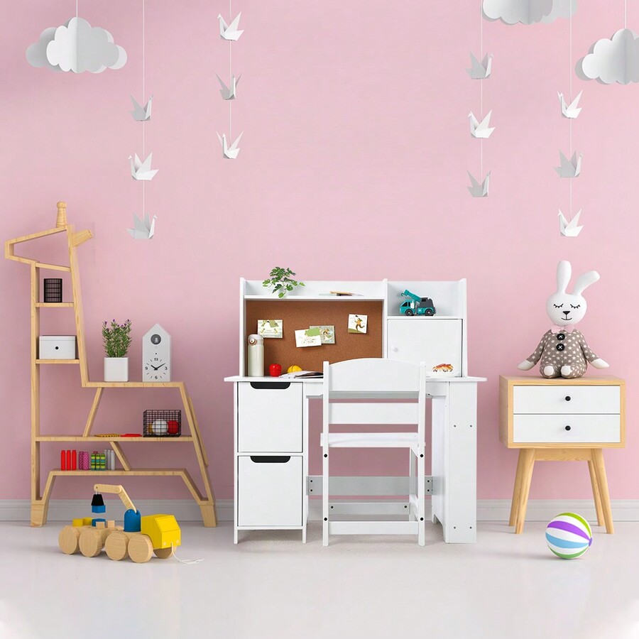 Kids Study Desk With Hutch And Chair, White, Student's Study Computer ...