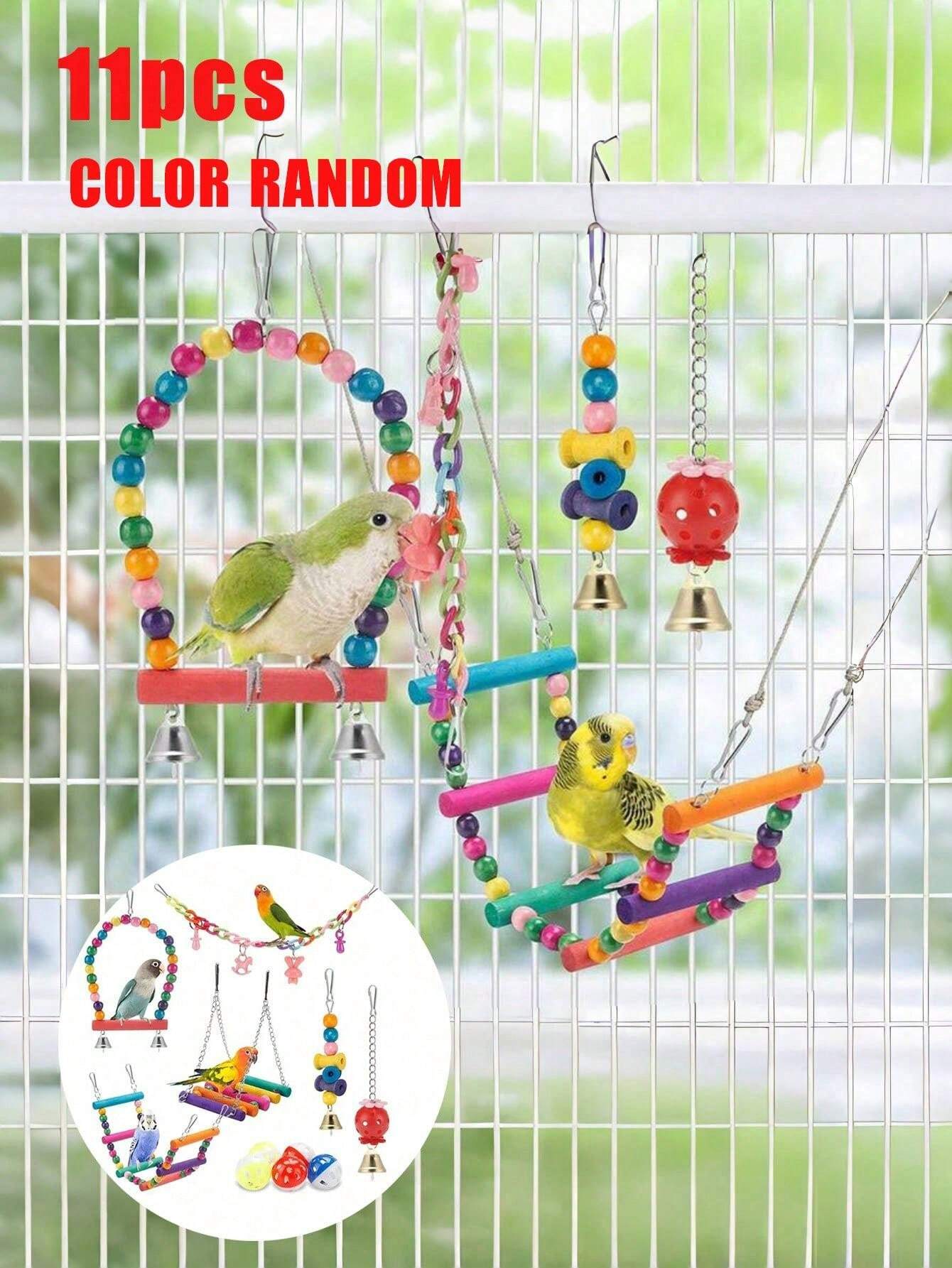 11pcs Bird Cage Toys For Parrots Wood Birds Swing Reliable Chewable ...
