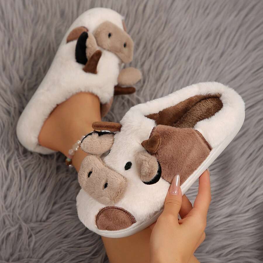 Fuzzy Cow Slippers For Women Cute Cotton Animals House Shoes Fluffy ...