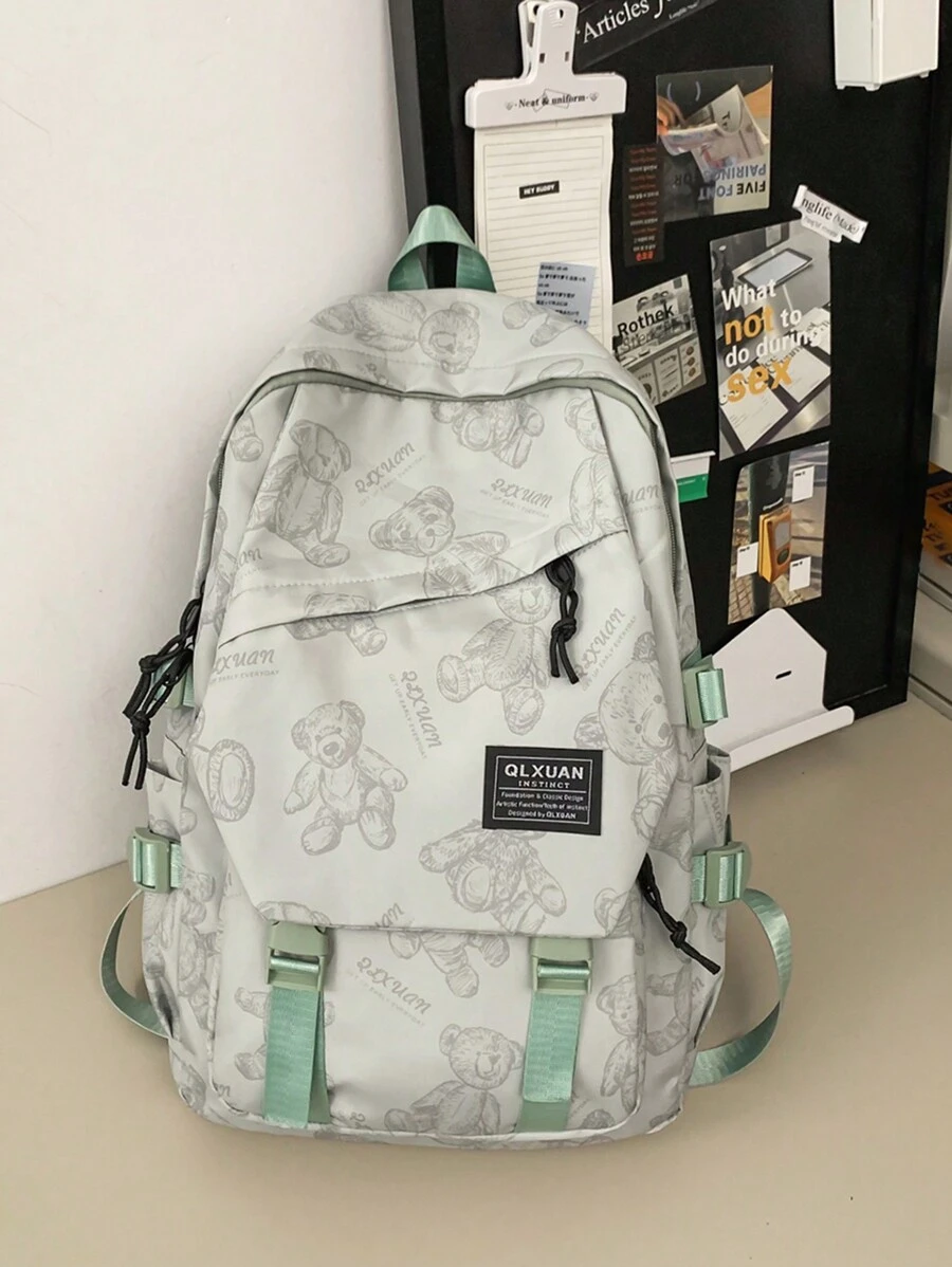 Printed Teddy Bear Backpack For Female College Students, Simple ...