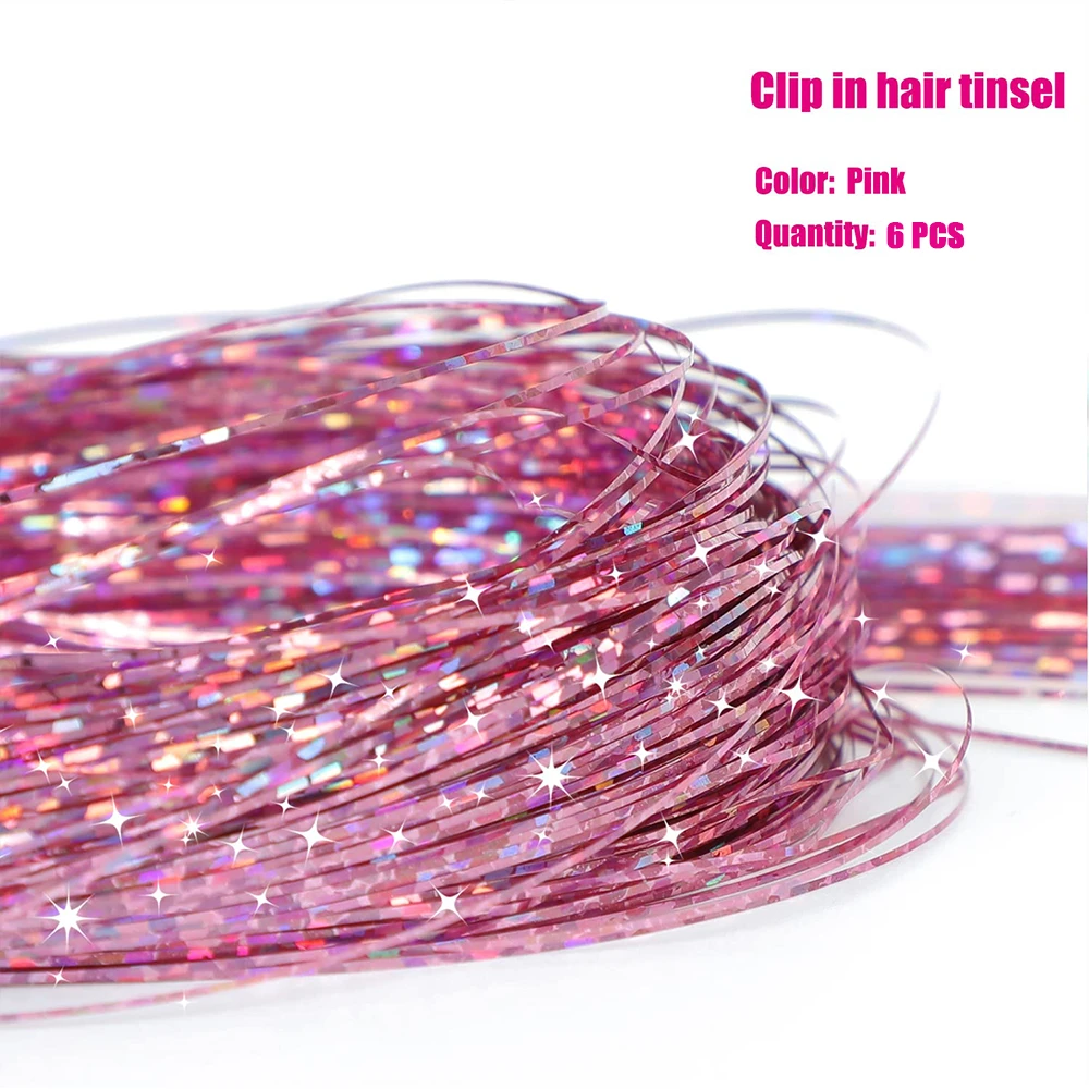 6Pcs Hair Tinsel Clip In 23.6Inch Glitter Tinsel Hair Extensions Clip ...