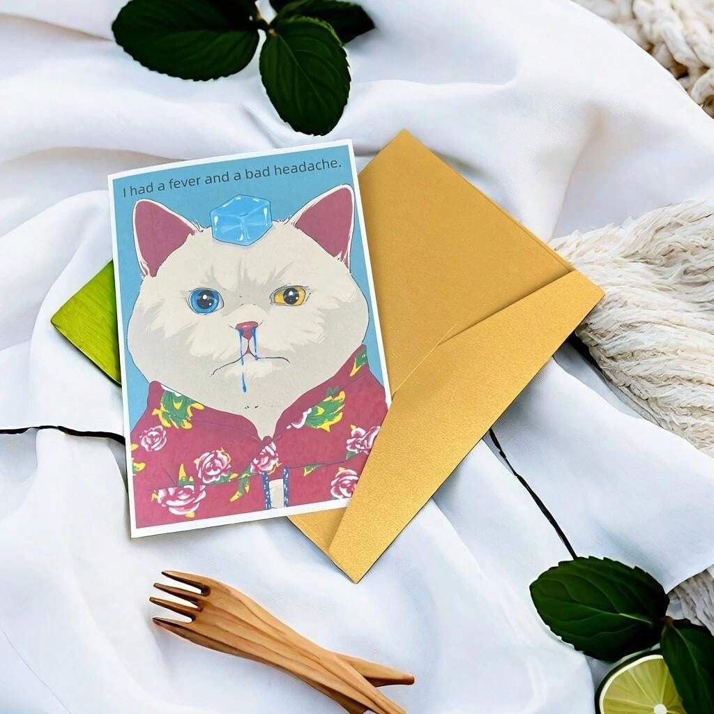 1 Card With Envelope, Funny Card, Sick Leave Note, Cat Fever Runny Nose ...