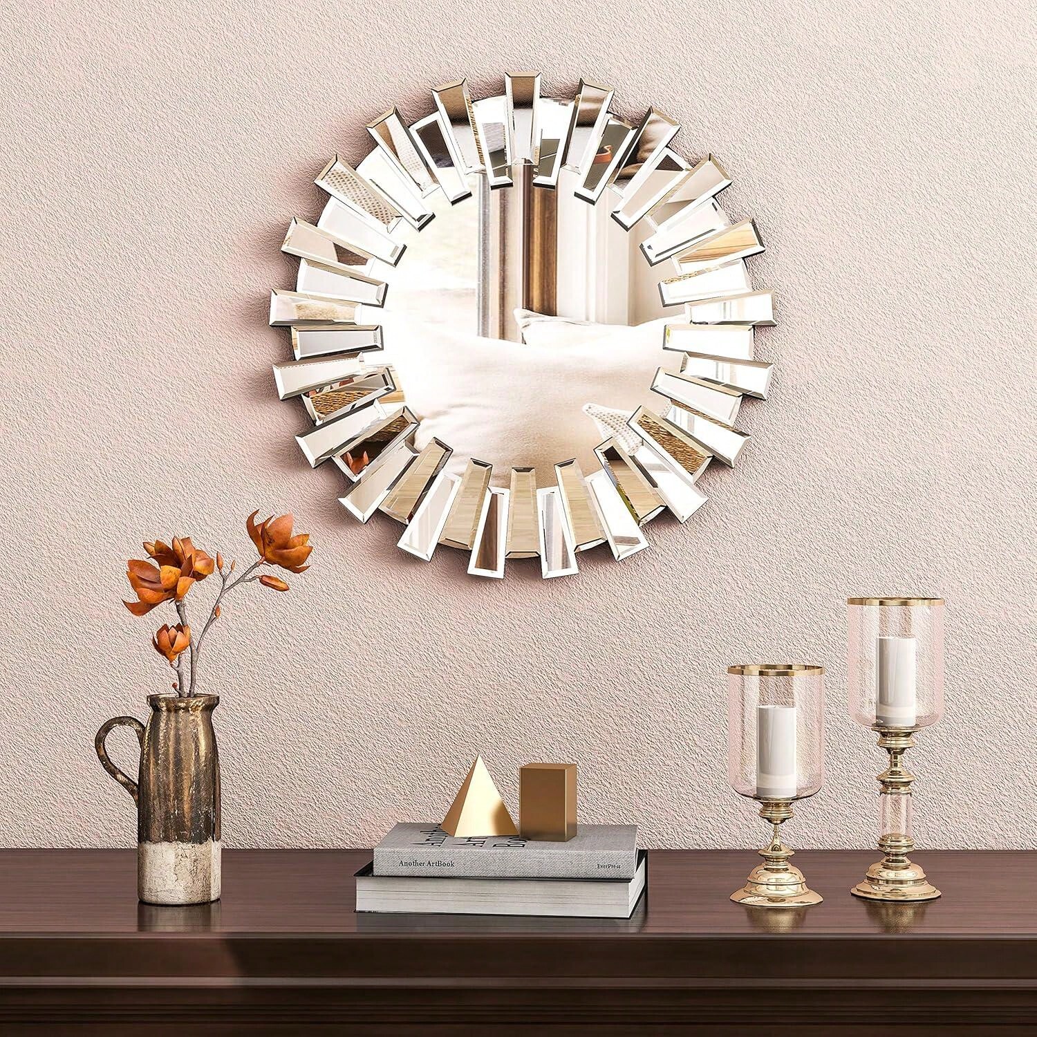 Round Sunburst Accent Wall Mirror Silver Decor Mirror, Wall-Mounted ...
