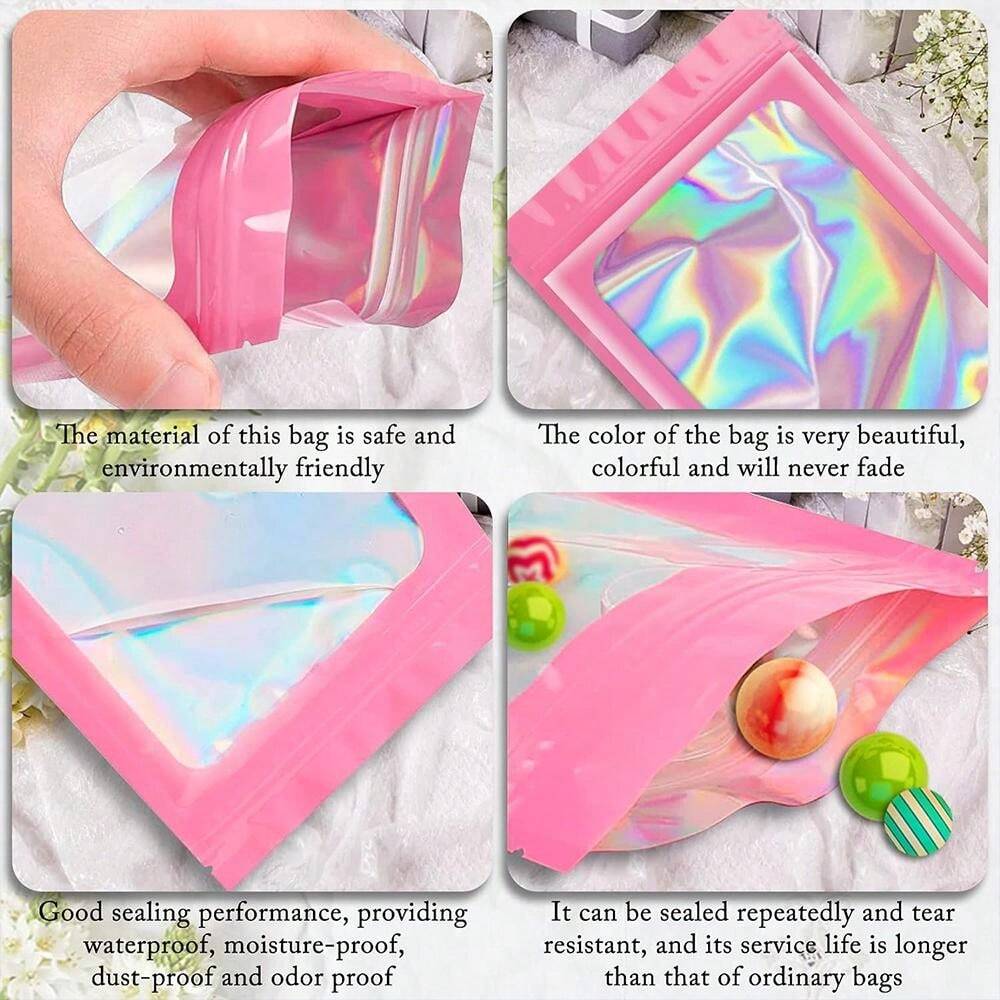 500pcs Pink Resealable Laser Packaging Bags With Transparent Window ...
