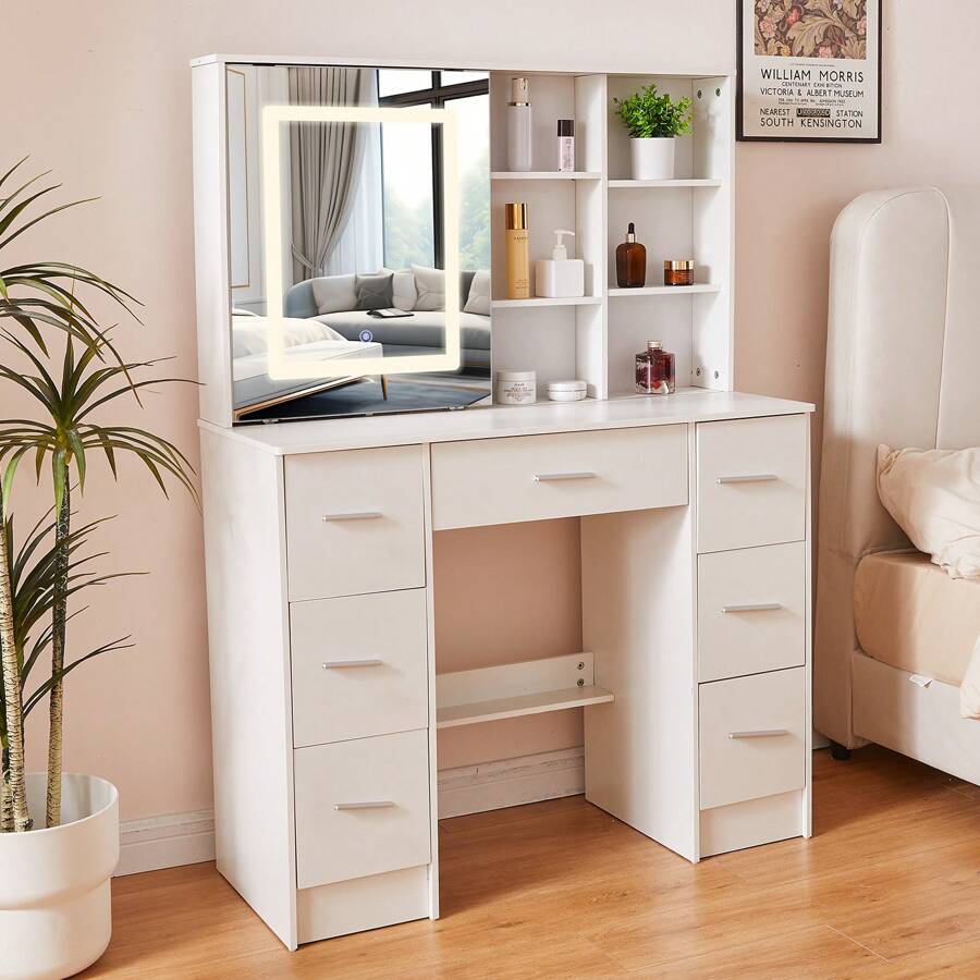 Large White Dressing Table Vanity Desk Set With LED Mirror & Charging ...