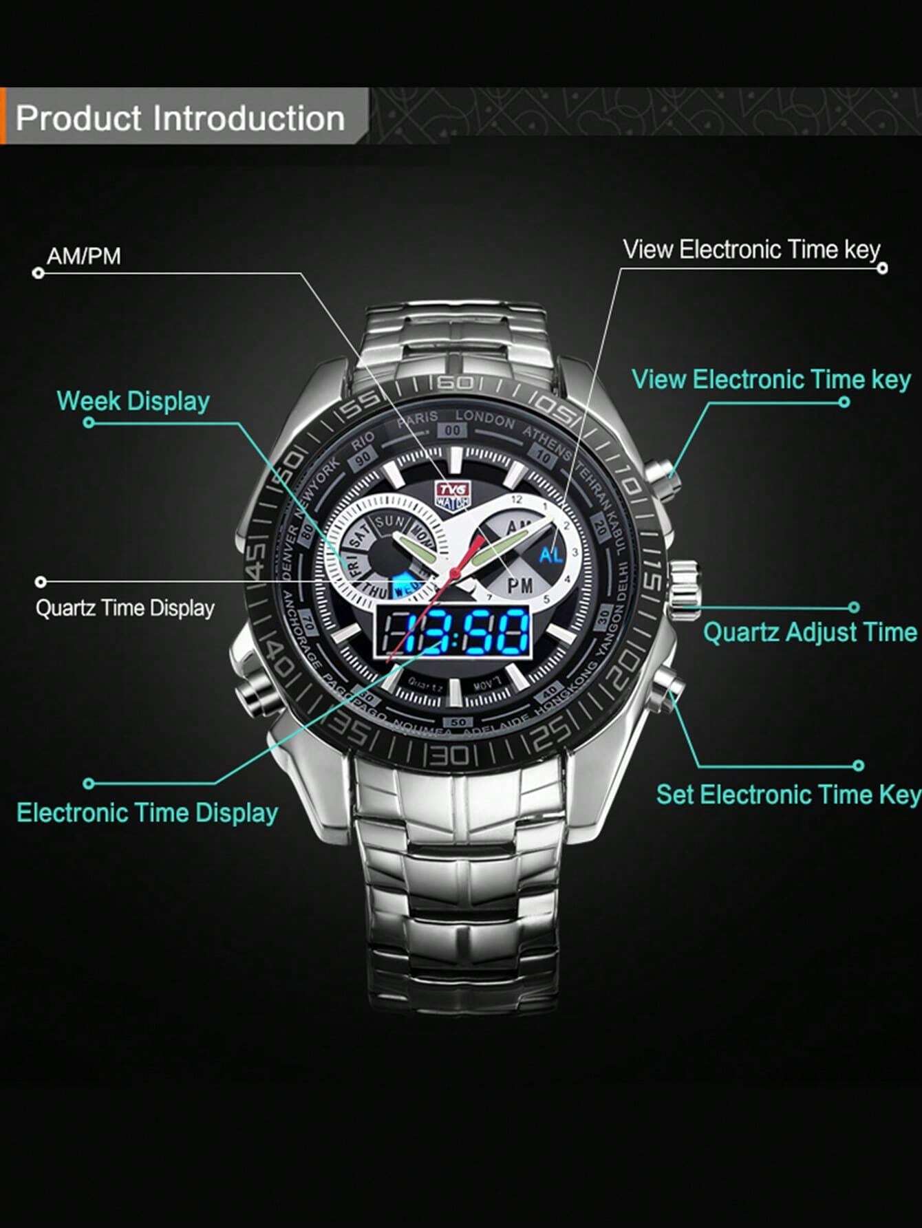 TVG TVG デュアル ディスプレイステンレス鋼 男性用時計 LEDポインター 3ATM防水 クリスマスギフト | #SHEIN年末セール