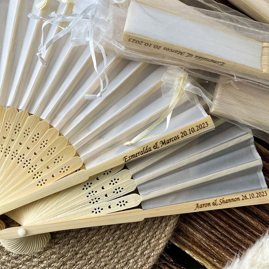 Personalized Silk Wedding Hand Fans, White Letter Engraved Folding Fans ...