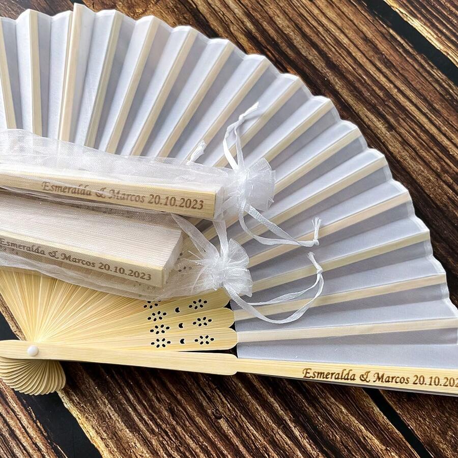 Personalized Silk Wedding Hand Fans, White Letter Engraved Folding Fans ...