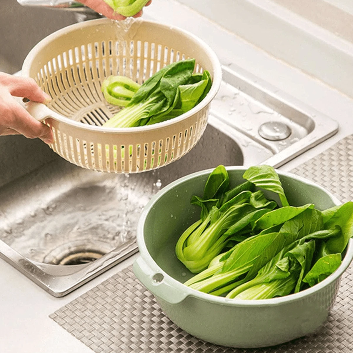 Nordic Double-Layer Drain Basket, Portable Plastic Kitchen Vegetable ...