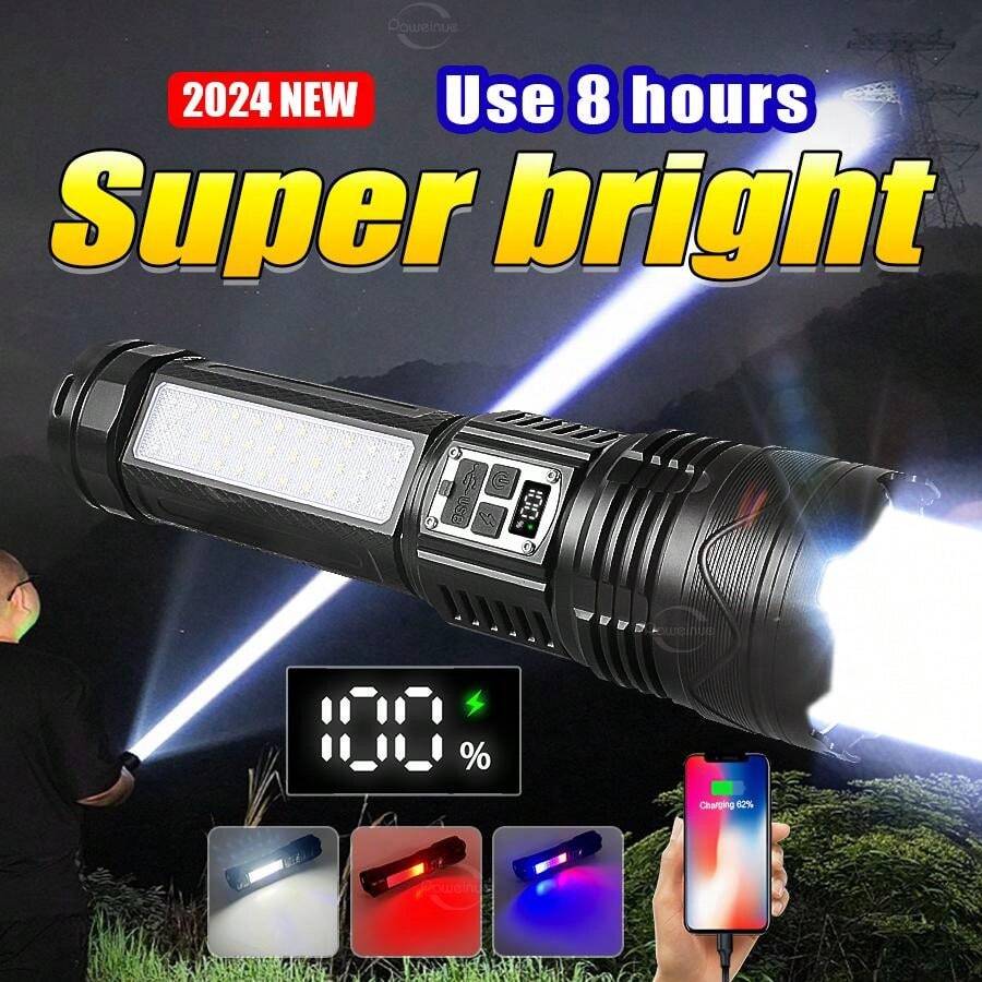 超亮 500,000 勒克斯 LED 手电筒 - 可充电、防水战术手电筒，具有变焦和双光模式、长距离光束、内置 15,000Mah 移动电源 ...