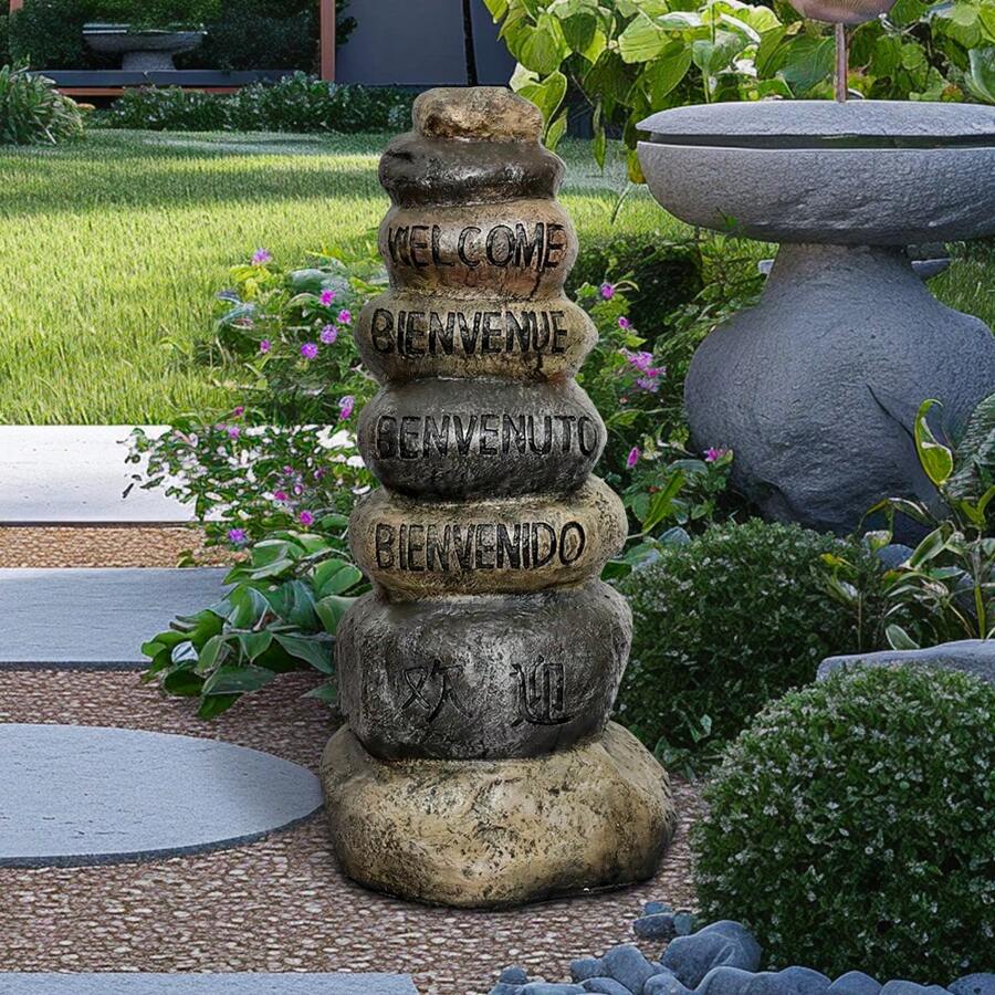 32.2" H Concrete Garden Statues For Outdoor - Stacked Stone Style ...