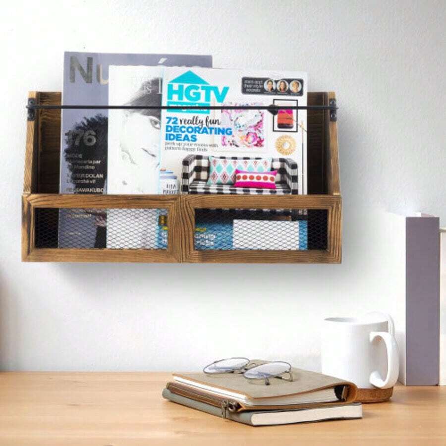 Brown Wood Hanging Magazine Holder With Chicken Wire And Metal Matte ...