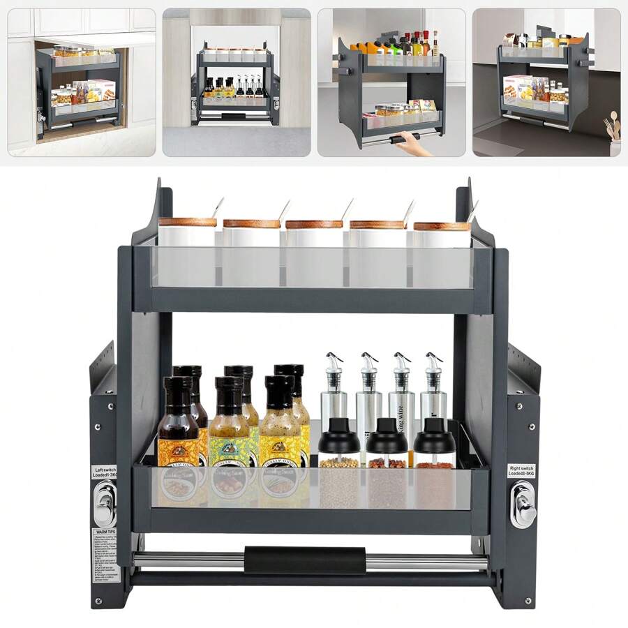 Pull Down Cabinet Organizer, 2-Tier Pull Down Shelf, Heavy-Duty Pull ...