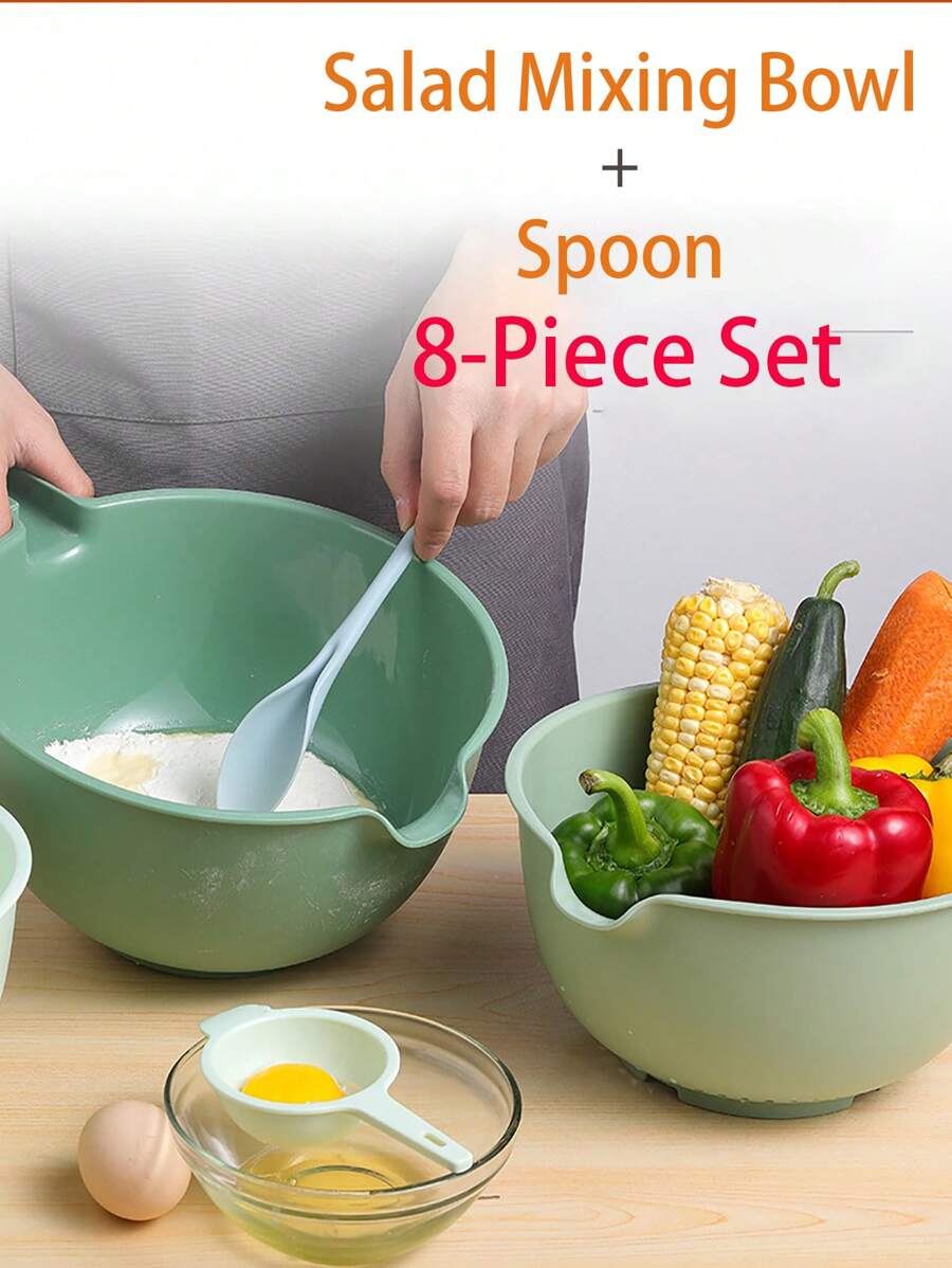 Plastic Salad Mixing Spoon & Mixing Bowl Vegetable Strainer Set With ...
