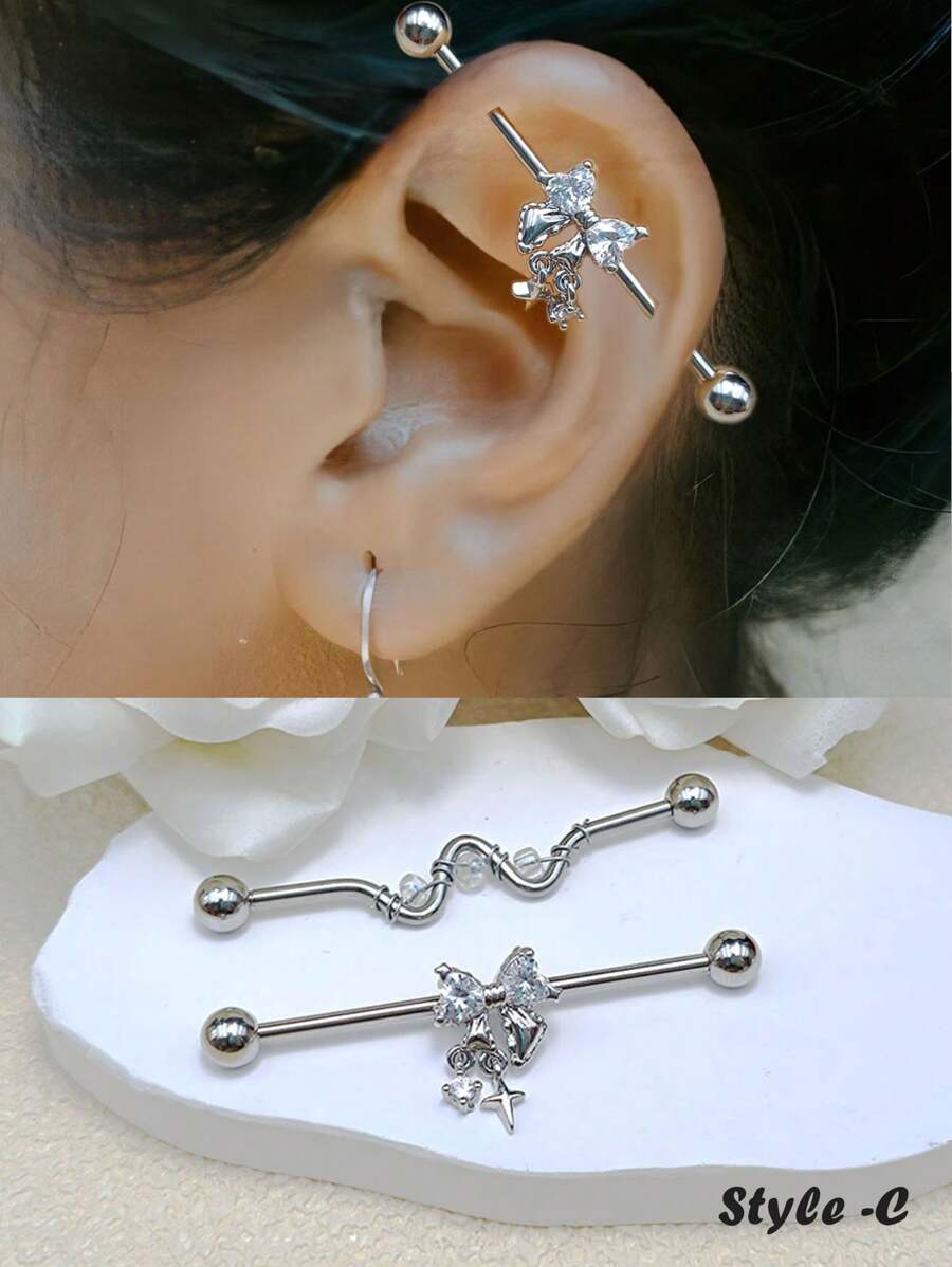 Industrial Piercing 38mm Stainless Steel Heart Butterfly Dangle 14G Straight Barbell Industrial ...