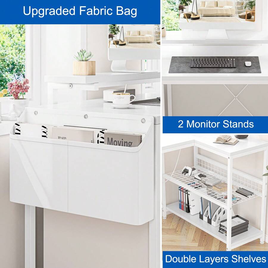 L-Shaped Computer Desk With Power Outlets, LED Light, Storage Shelves ...