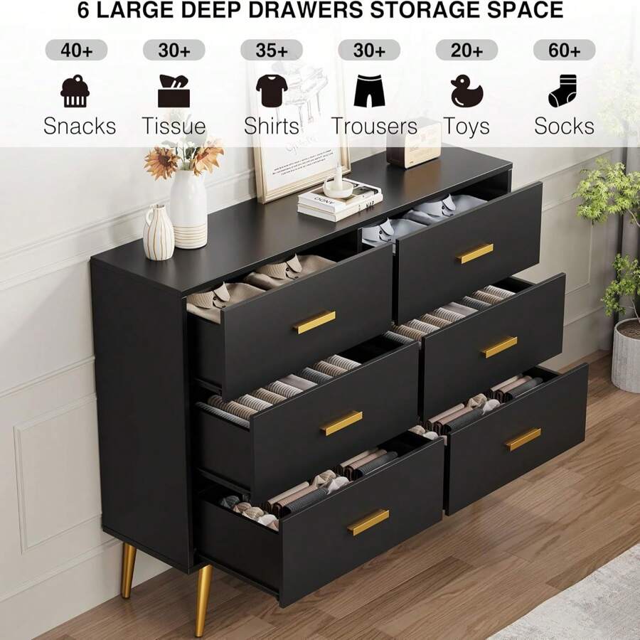 Modern 6-Drawer Dresser With Gold Handles - Wooden Chest For Bedroom ...