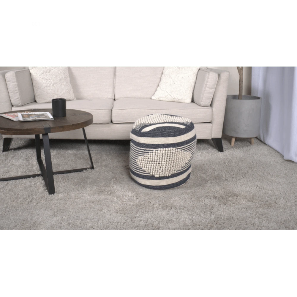 Diamond Handcrafted Fabric Cylindrical Pouf, White And Dark Blue ...