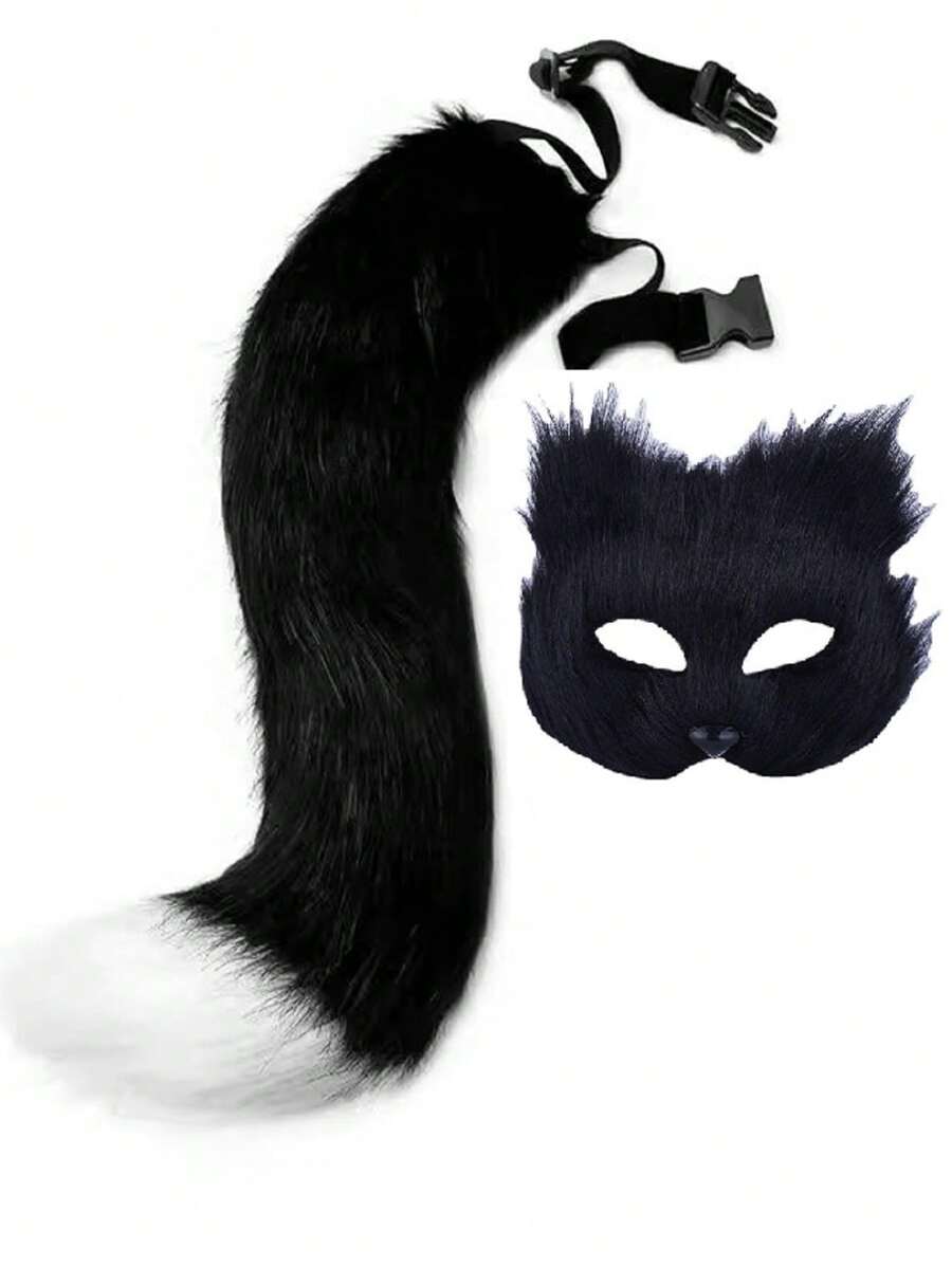 Unisex Fluffy Fox Mask And Tail Set For Cosplay, Costume Party Dress-Up ...