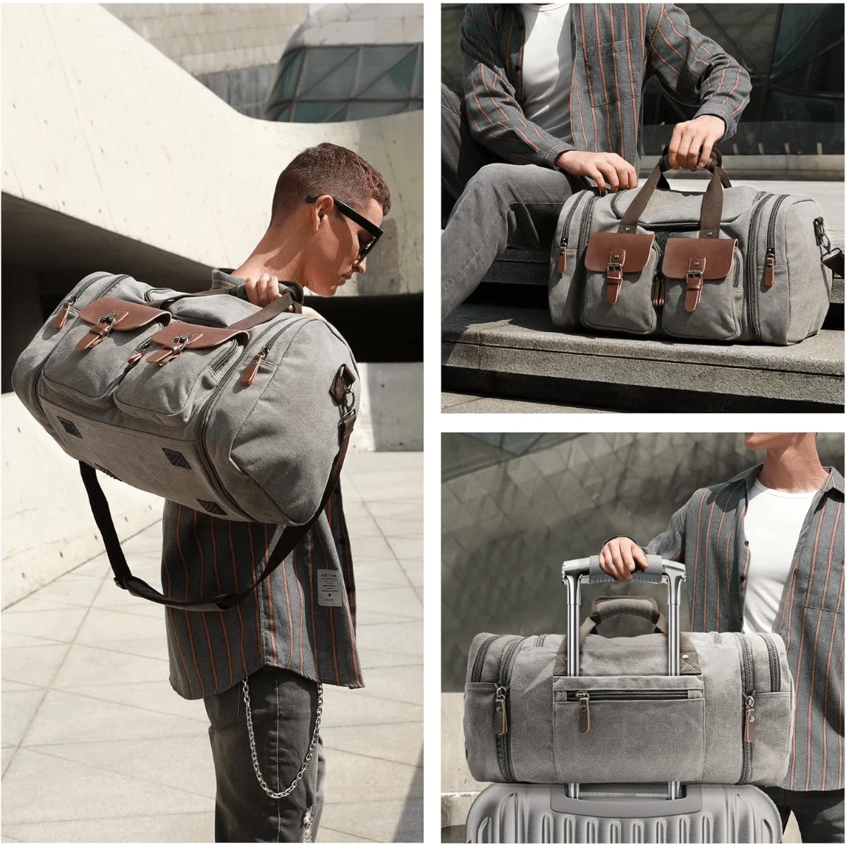 50L Travel Duffel Bag, Expandable Canvas Genuine Leather Duffle Bag ...