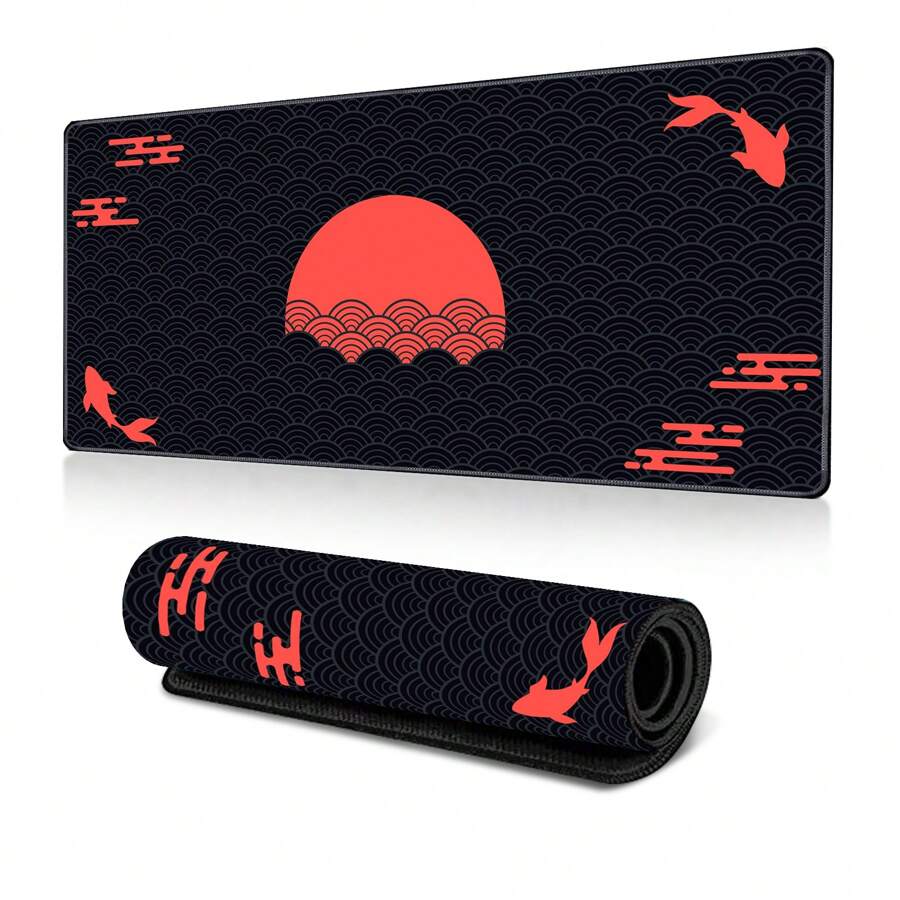 Japanese Desk Mat Black & Red Mouse Pad Koi Fish Sun Cloud Japan Art ...