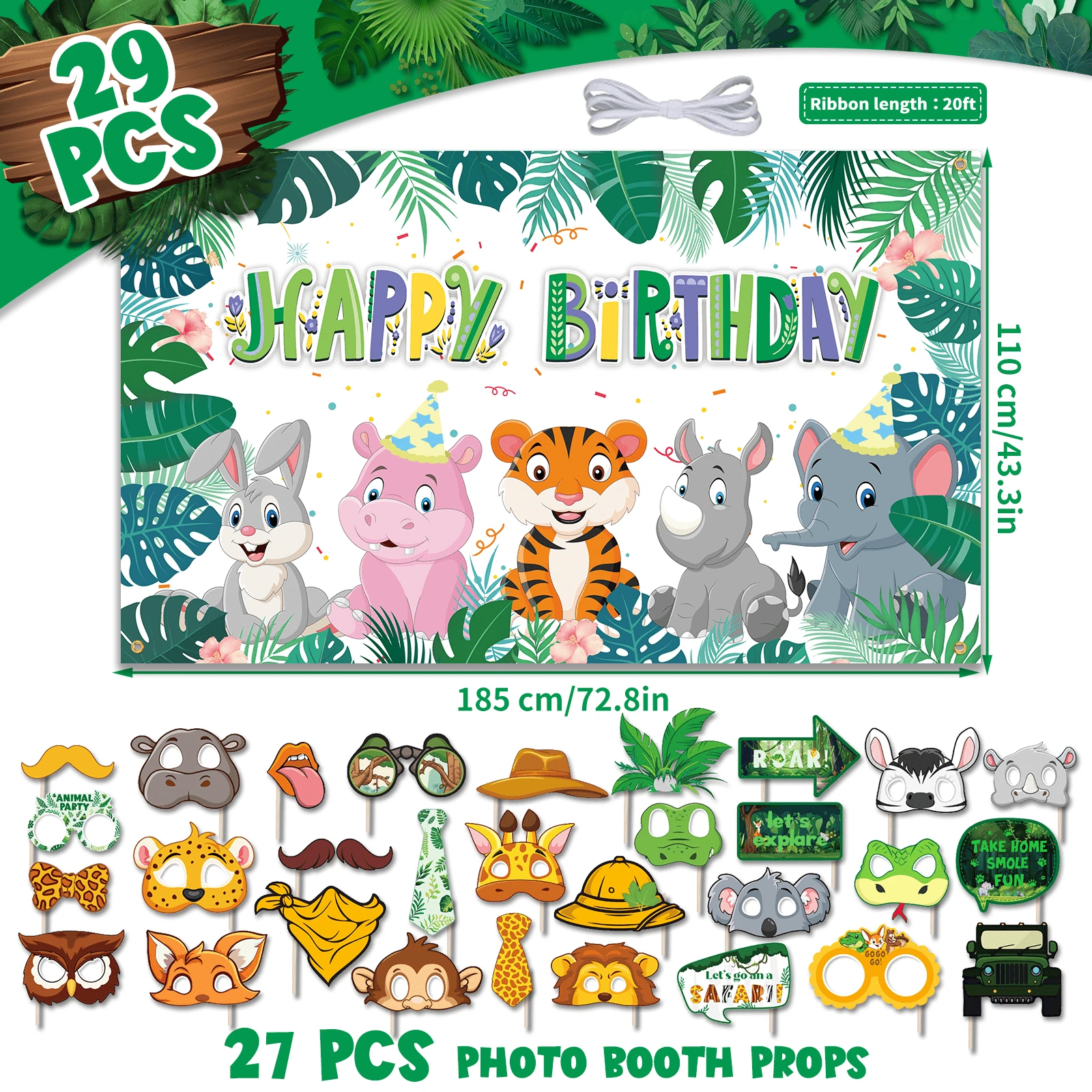 27 PCS Safari Animal Party Photo Booth Props Kit - Giant 72x44 Inch ...