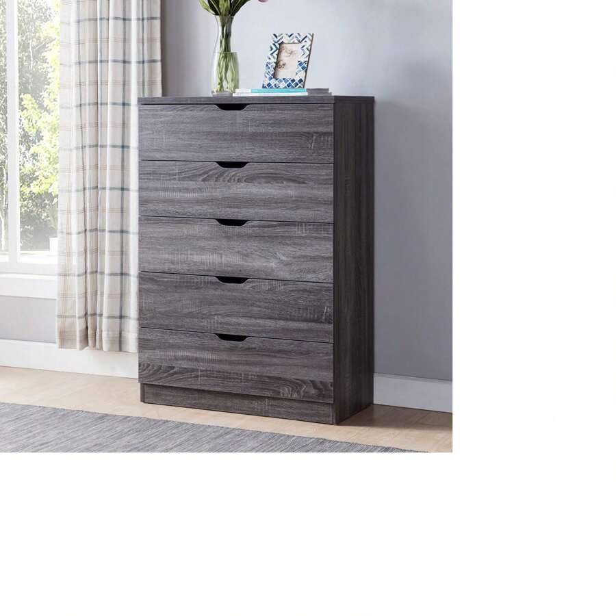 Modern Grey Five Drawer Clothes And Storage Chest Faux Wood Grain And ...