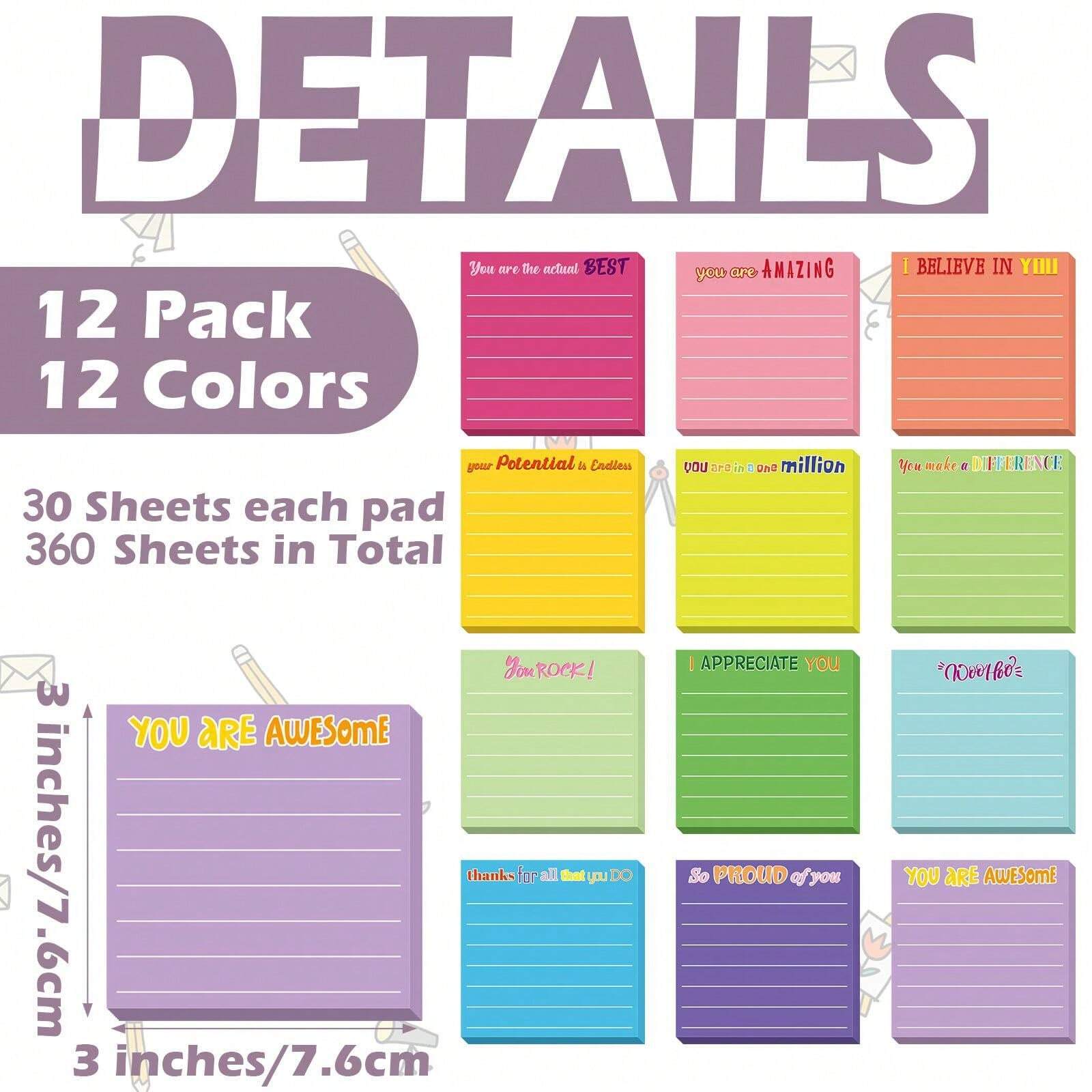 12 Pcs Inspirational Sticky Notes With Lines Cute Motivational Sticky ...