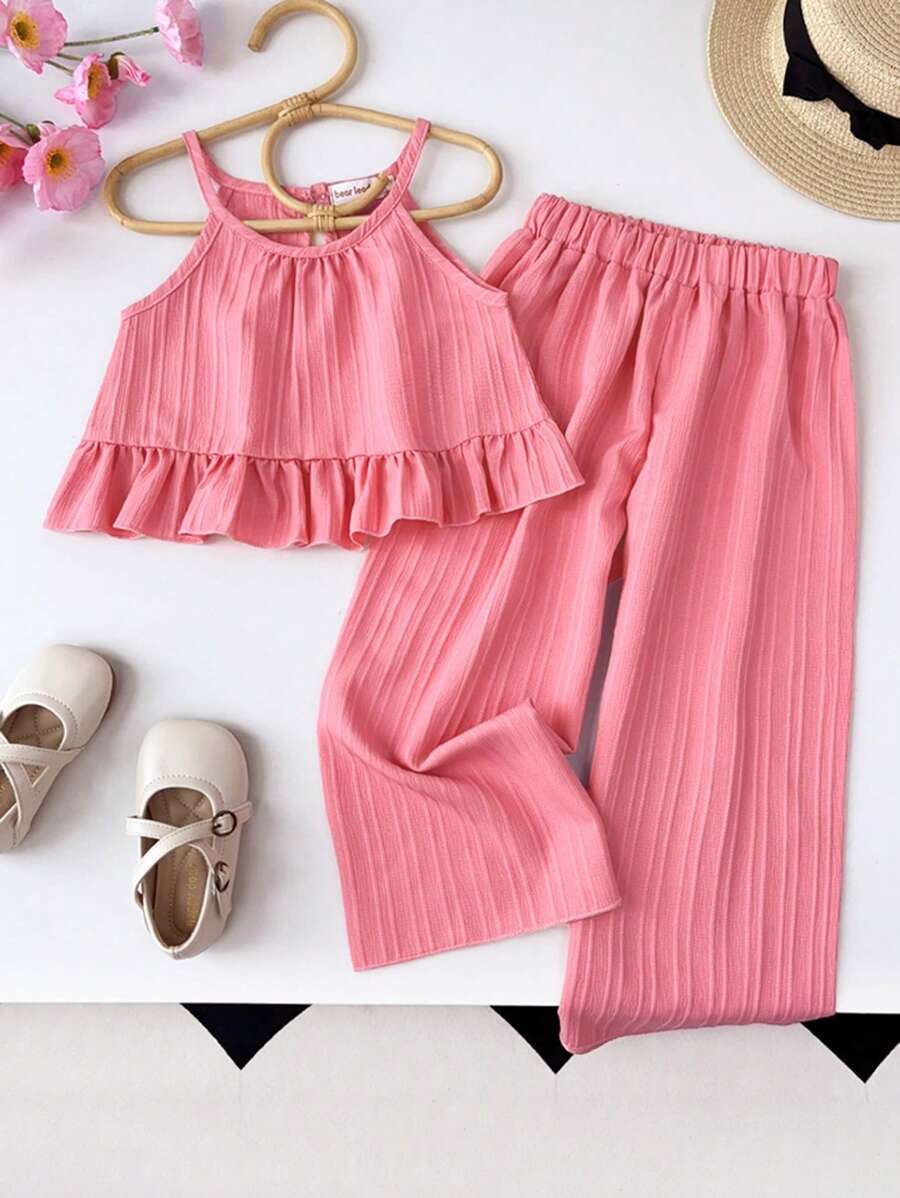 Young Girls' 2 Piece Set Double Layer Ruffle Edge Wave Top + Wide Leg ...