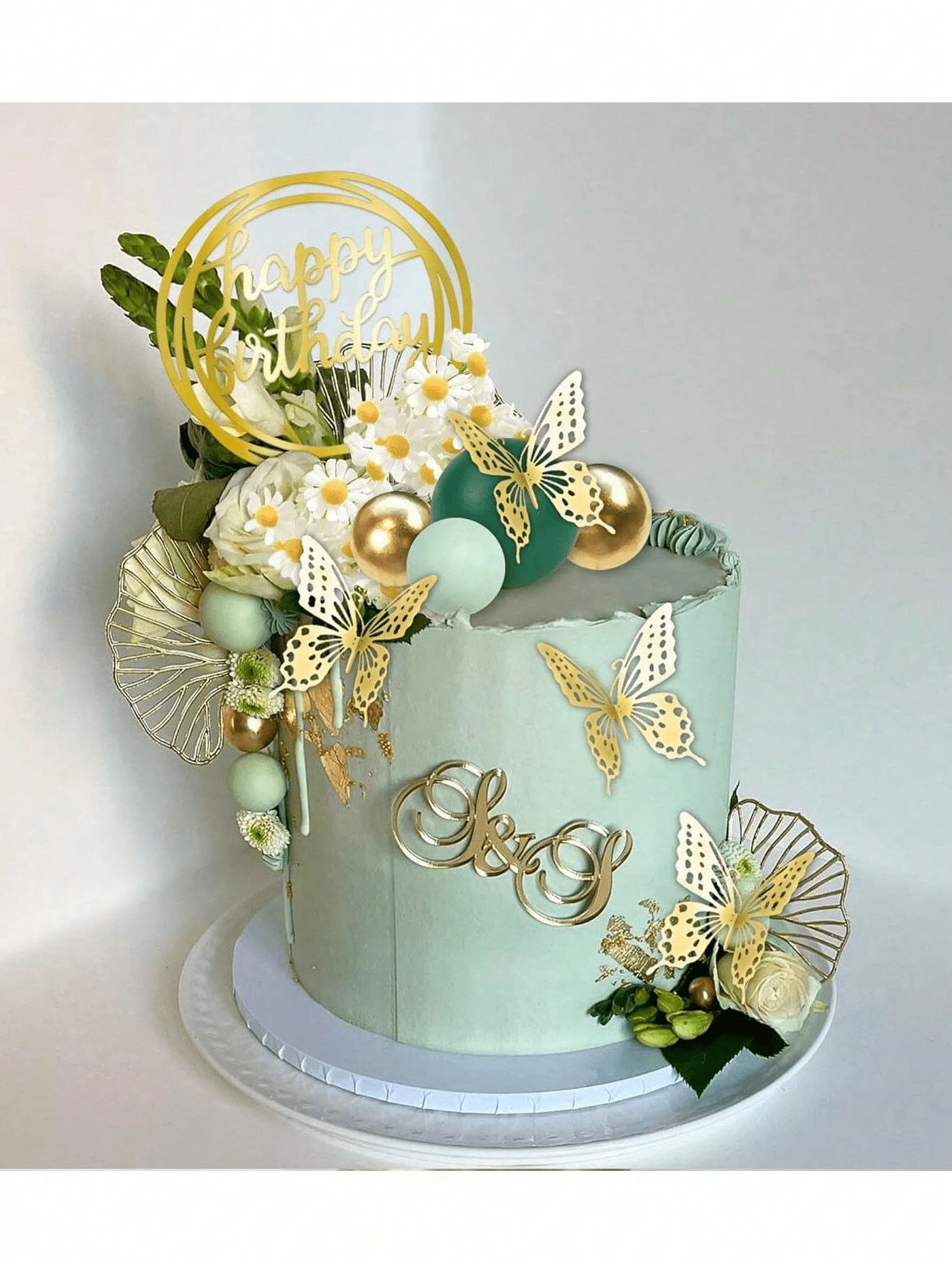 10pcs/43PCS Green Gold Ball Cake Toppers, Gold Butterfly , Happy ...