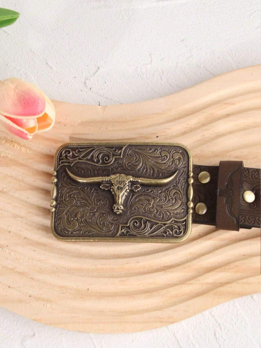 New Fashion Western Style Cow Head Big Buckle Personality Leather Belt ...