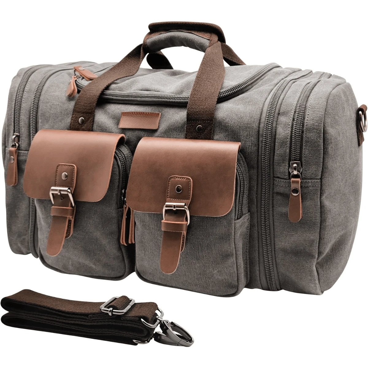 50L Travel Duffel Bag, Expandable Canvas Genuine Leather Duffle Bag ...