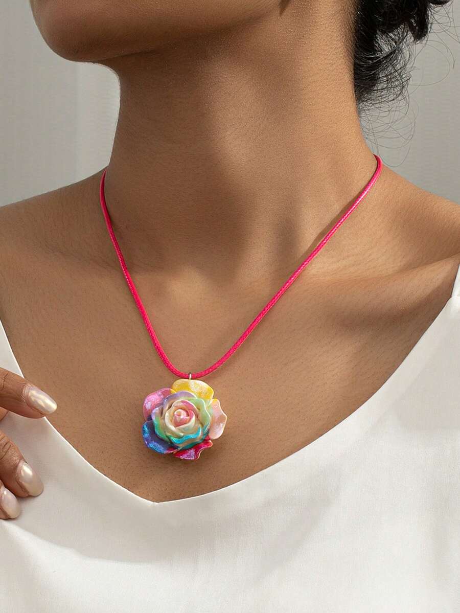 1 คู่แฟชั่นสีสันสดใส Rose Shaped สร้อยคอจี้หรูหราสำหรับผู้หญิงสบายๆและ ...