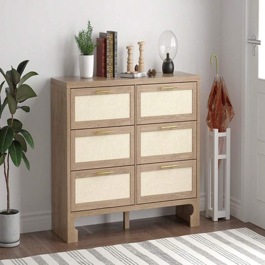 Modern 6-Drawer Double Dresser With Golden Handles - Wooden Chest For ...