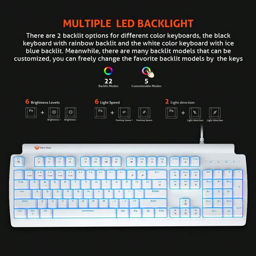 Meetion Full Size Mechanical Gaming Keyboard, 104 Keys Backlit Computer ...