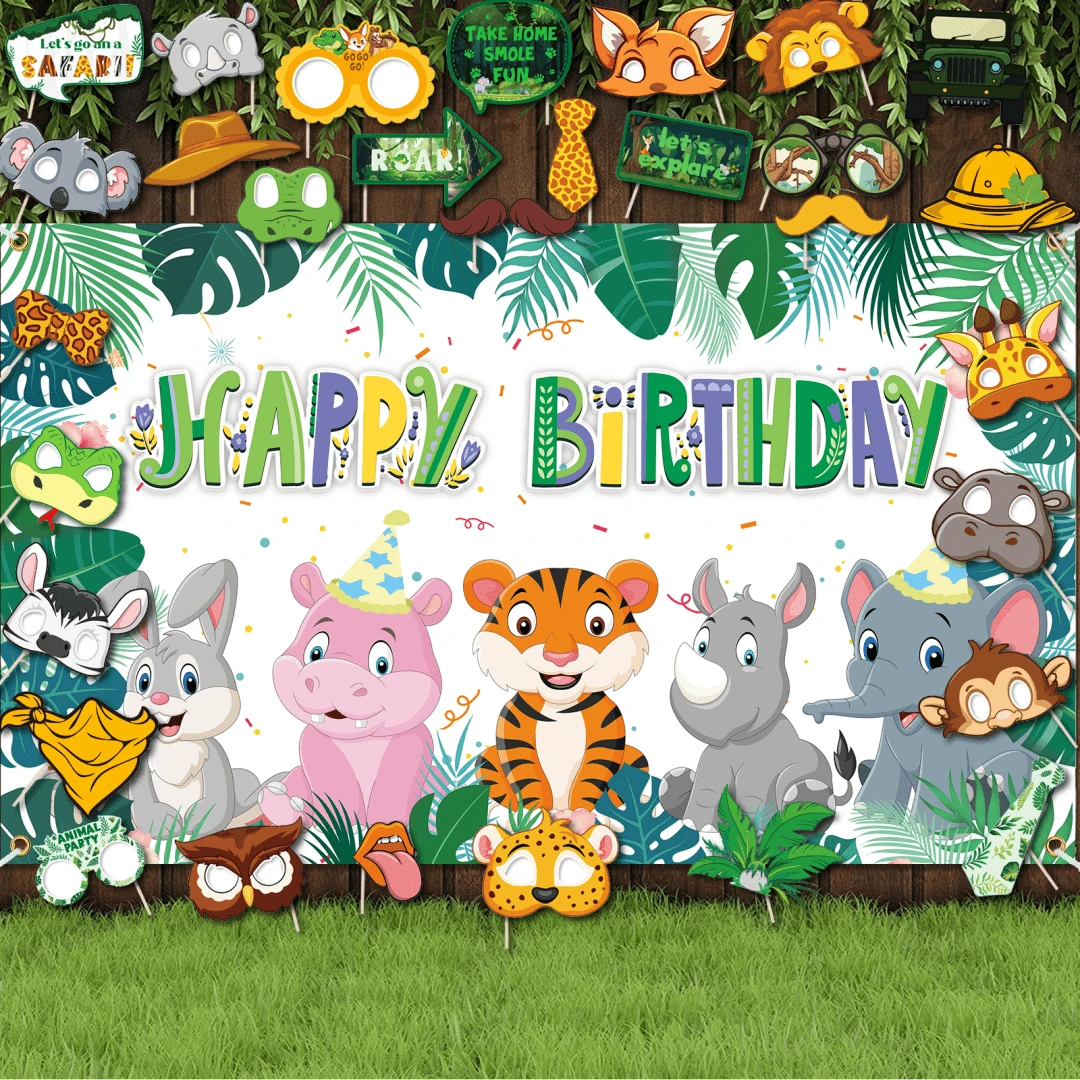 27 PCS Safari Animal Party Photo Booth Props Kit - Giant 72x44 Inch ...