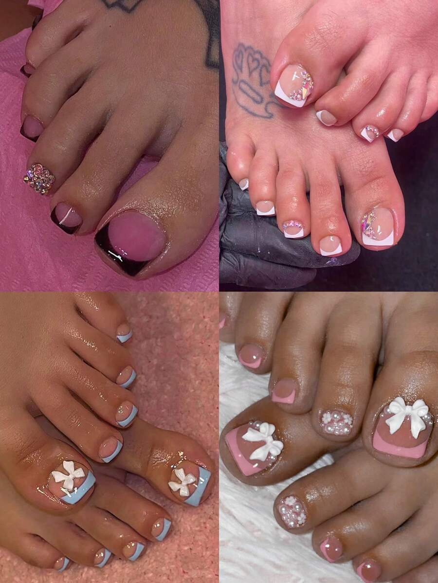 96Pcs(4 Styles)Square French Tip Fake Toenail With Rhinestones Fit ...