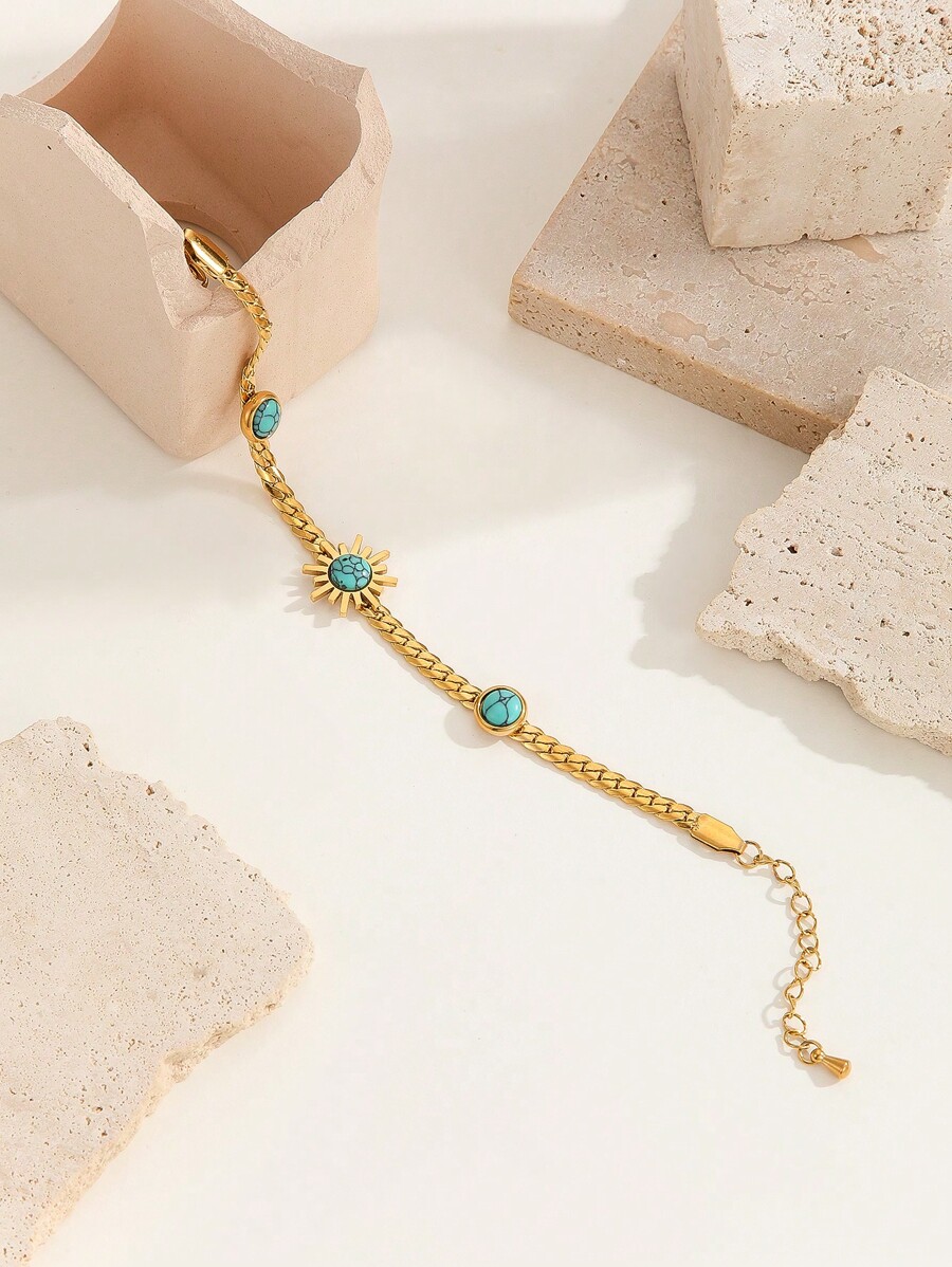 Stainless Steel Plated 18K Gold Bracelet, Turquoise & Pearl Elegant And ...