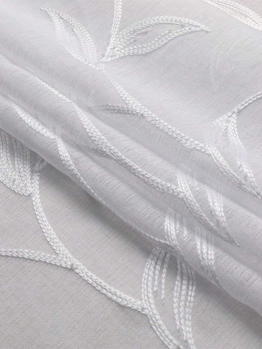 2pcs White Embroidered Sheer Curtains - Floral Pattern, Elegant ...