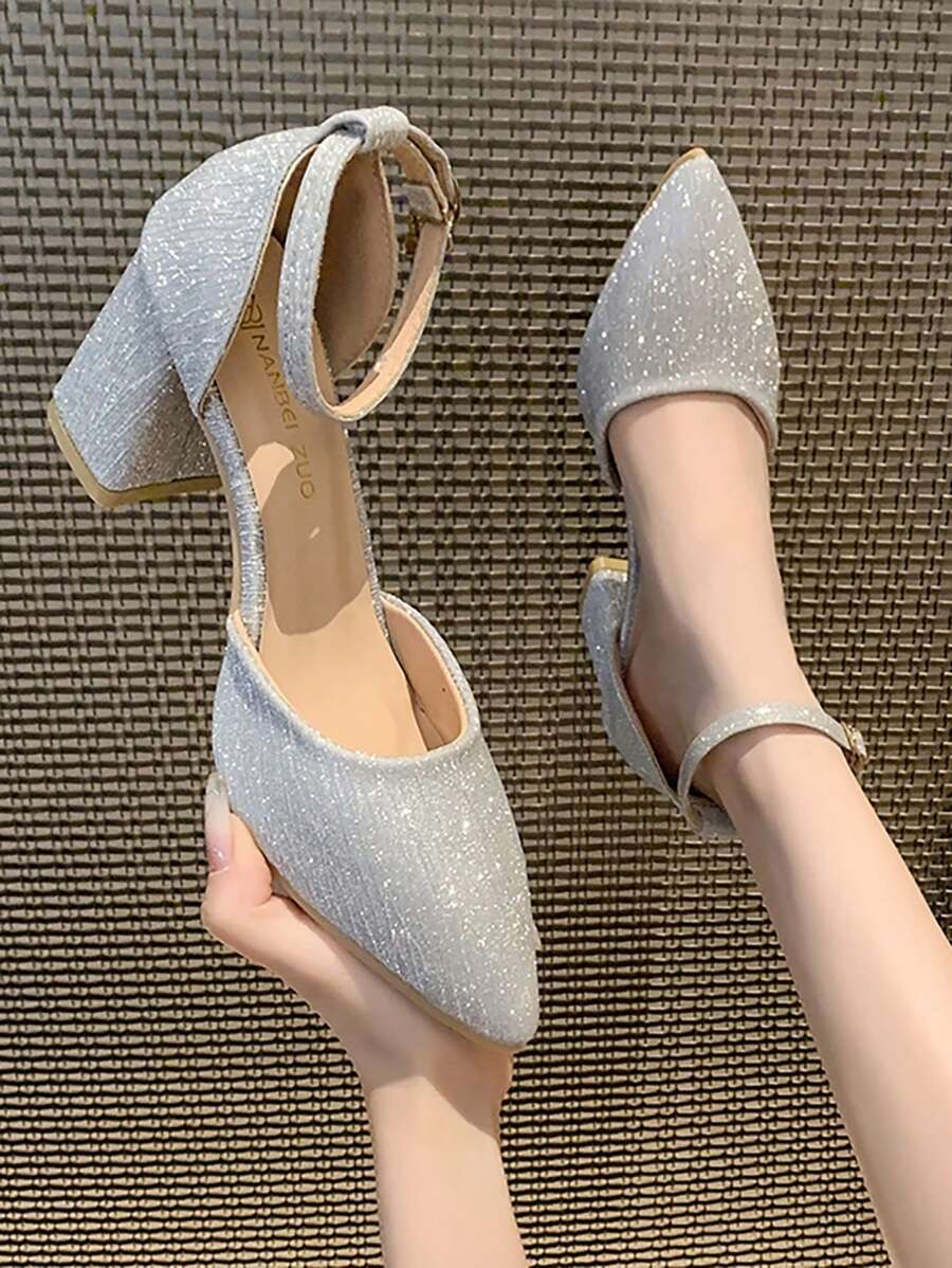 Silver Closed Toe Chunky Heel Bridal Wedding Shoes, Low Heel Cross ...