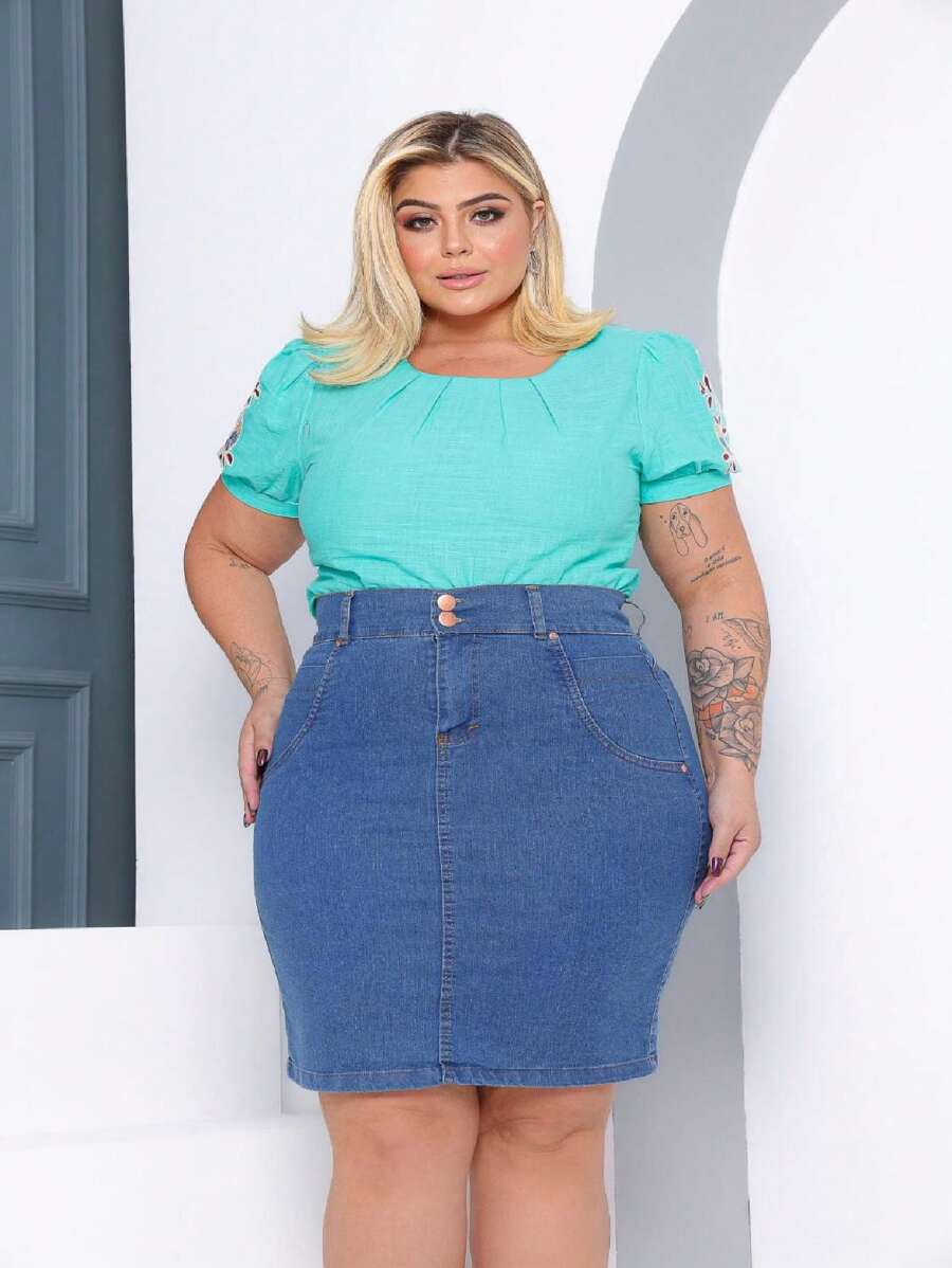 Saias Jeans Evangélicas Moda Femininas Plus Size Com Lycra | SHEIN Brasil