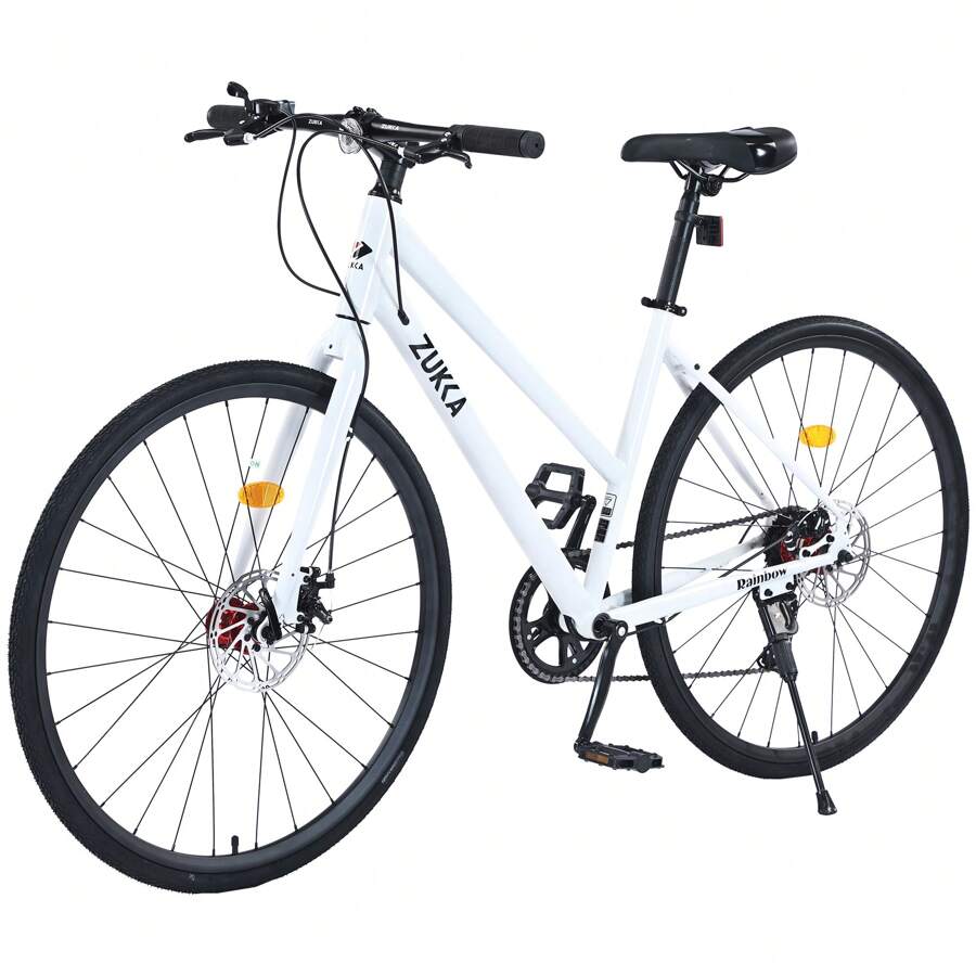 White 700C 7-Speed Hybrid Bike, Carbon Steel Frame Road Bicycle With ...