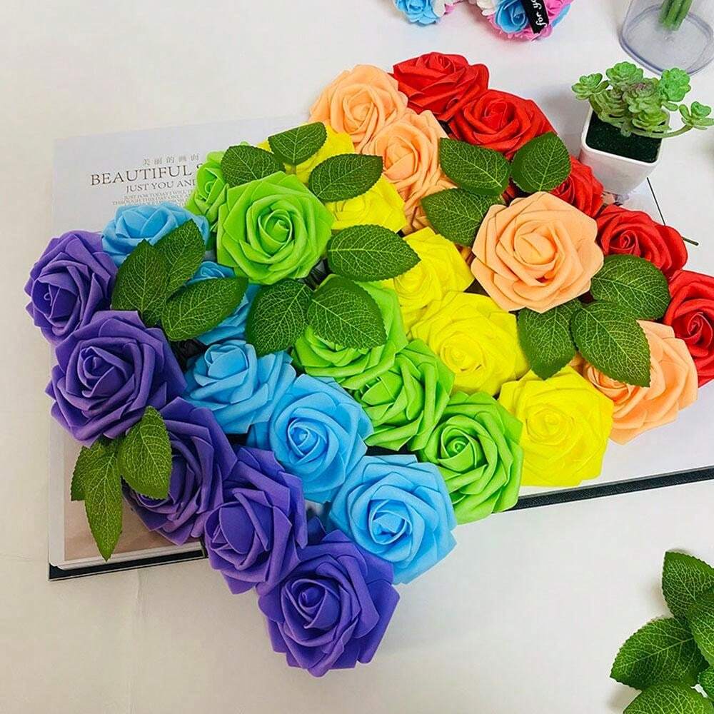 30pcs Real Looking Human Kind Peace Love Rainbow Foam Fake Roses With ...