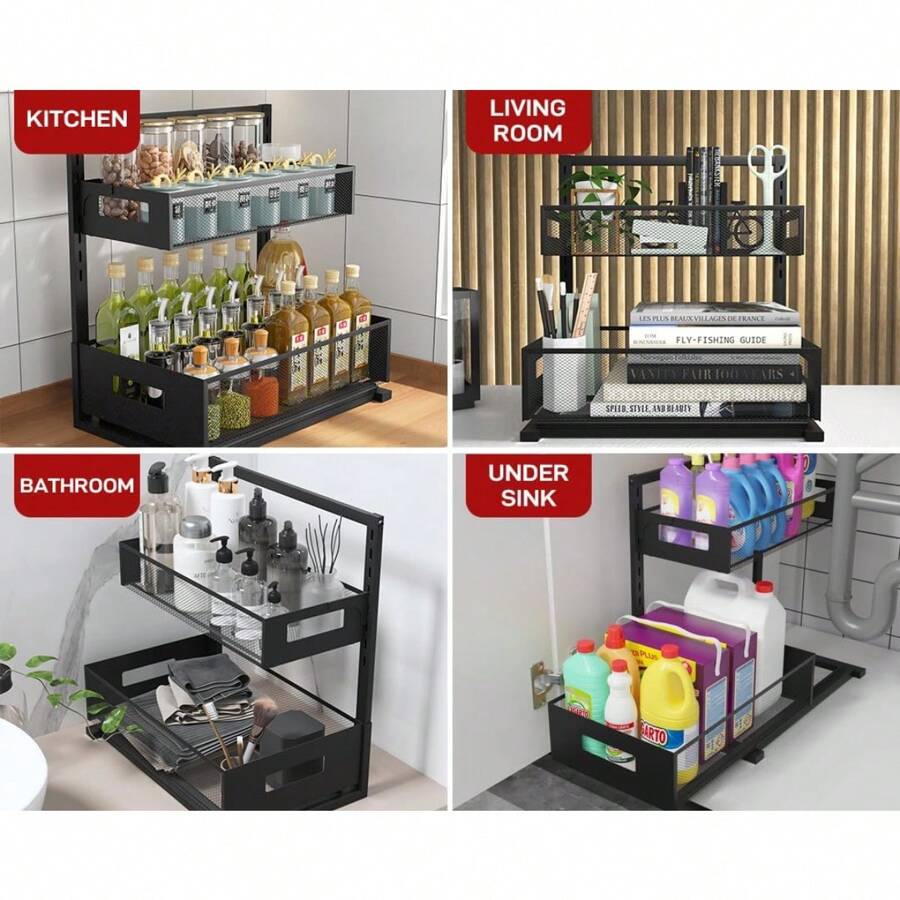 Pull Out Cabinet Organizer Adjustable Height 2 Tier Bathroom Organizer ...