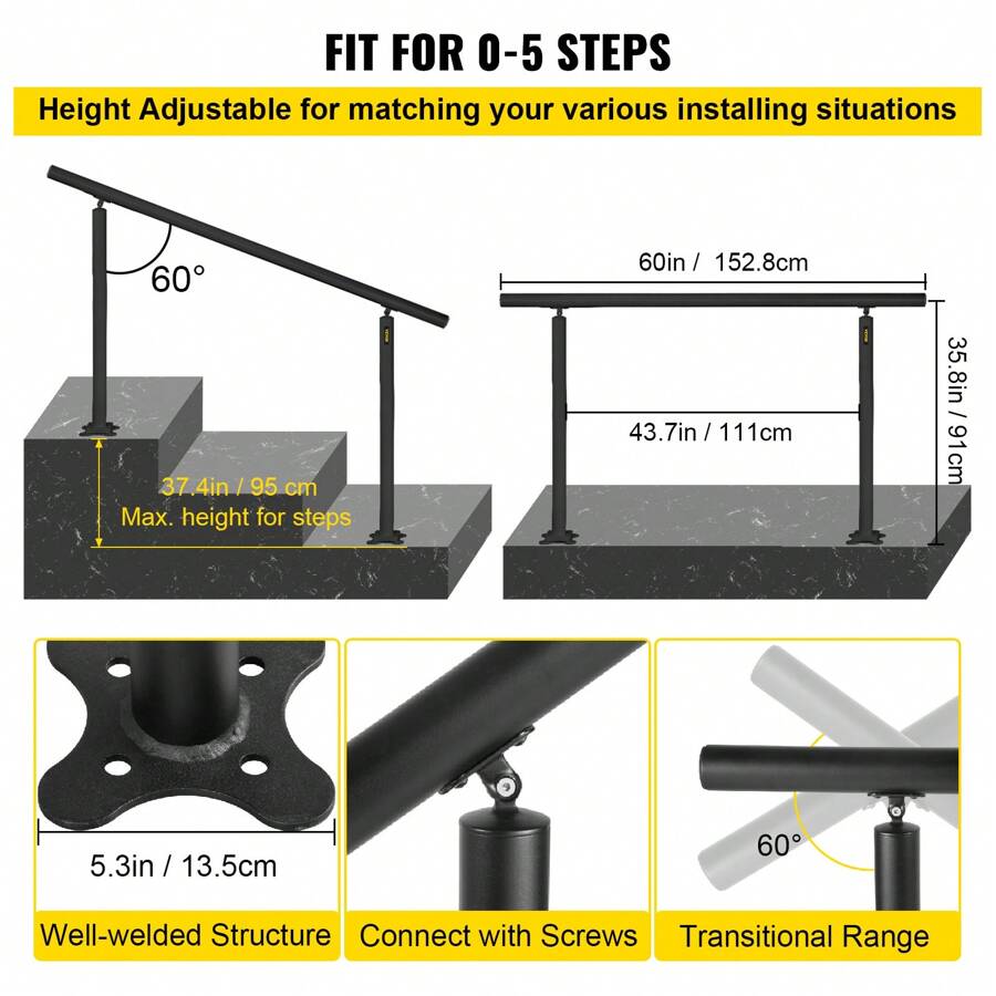 VEVOR VEVOR Outdoor Stair Railing Kit, 5 FT Handrails 0-5 Steps ...