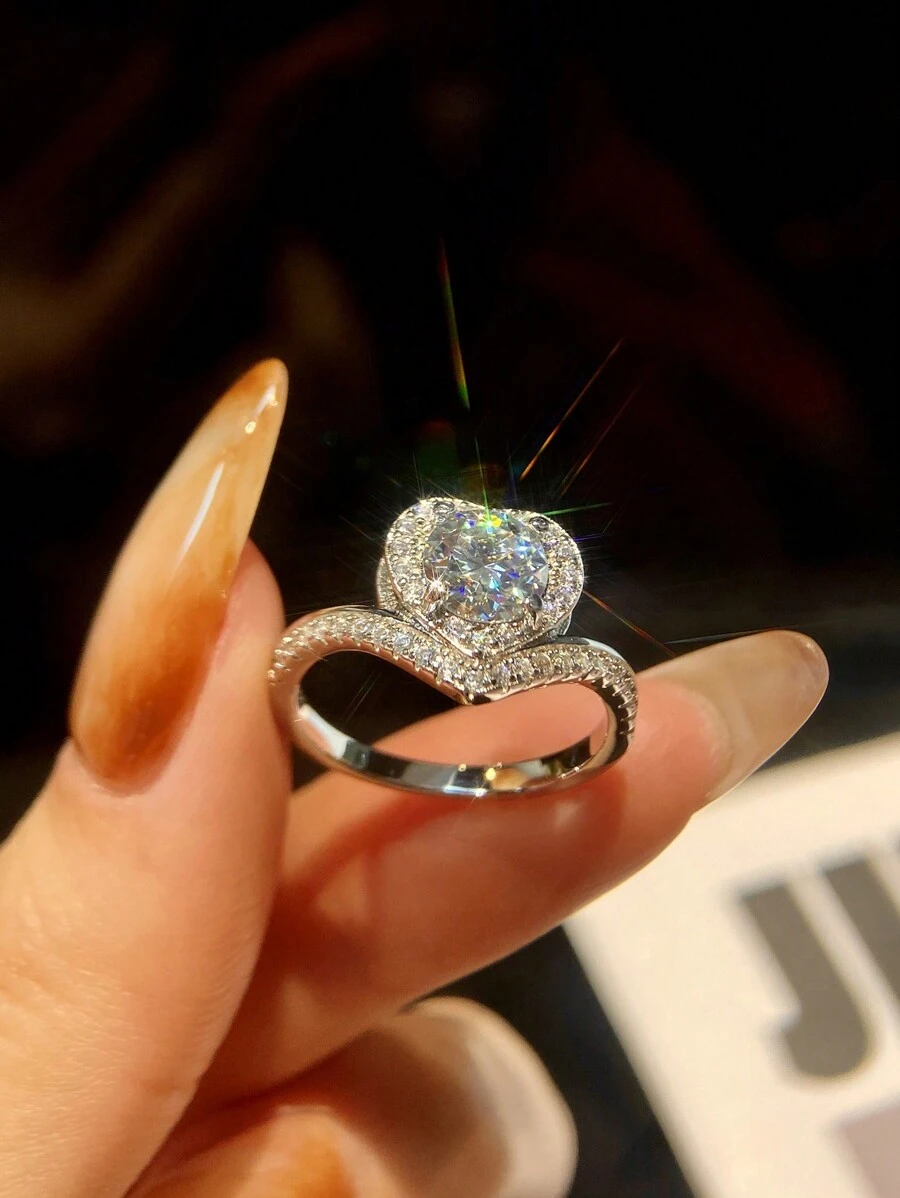 1pc 1ct 4 Claw Design Colorless Moissanite Rhinestone Heart Hollow Ring Ladies Engagement Ring ...